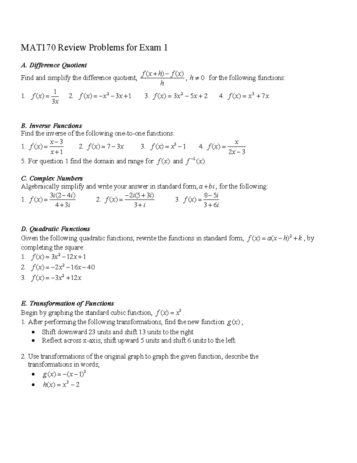 Mat170 exam1 review - MAT170ReviewProblemsforExam1 - Studocu