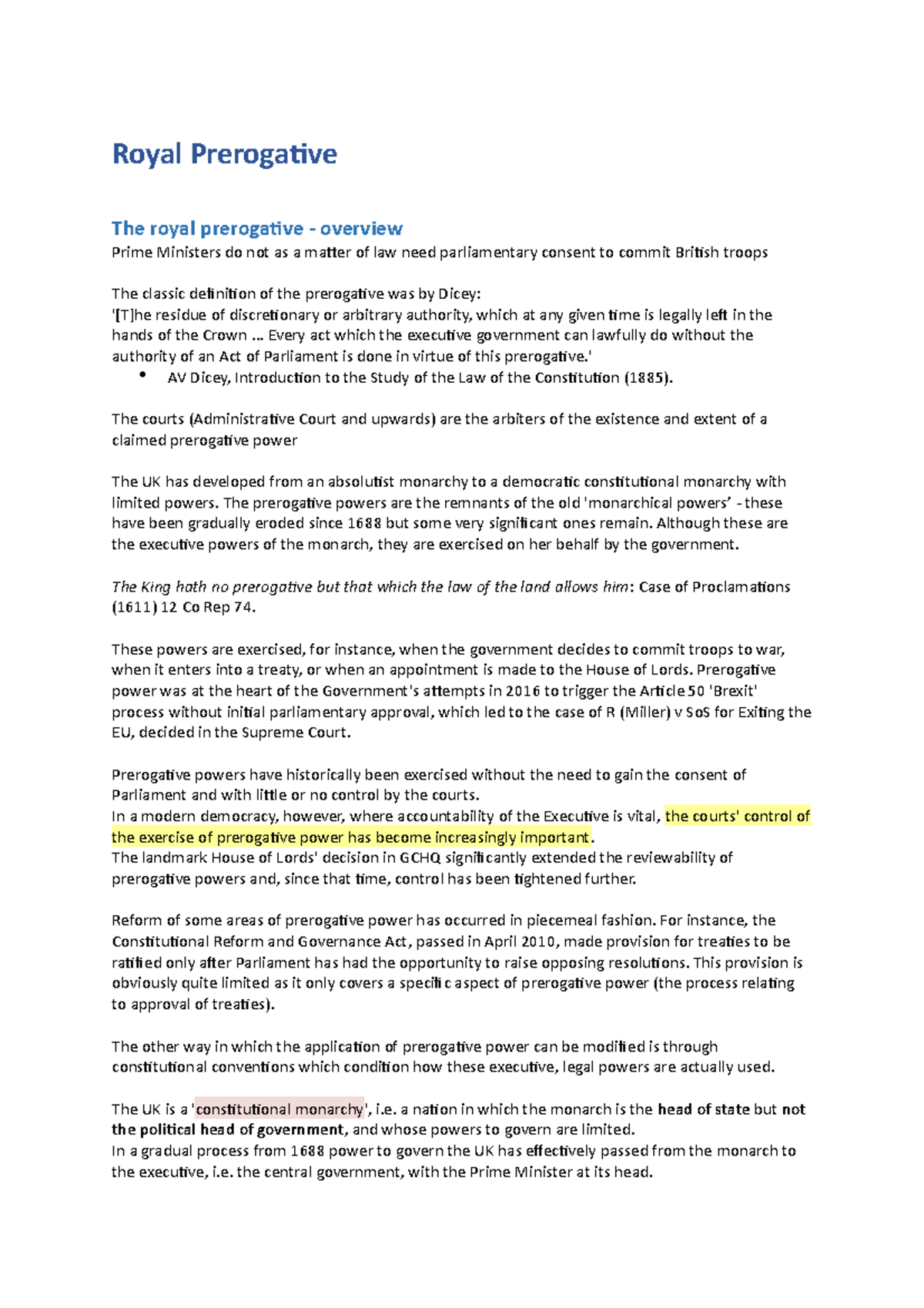 Prepare 8 - Lecture 8 notes for Public Law I - Royal Prerogative The ...