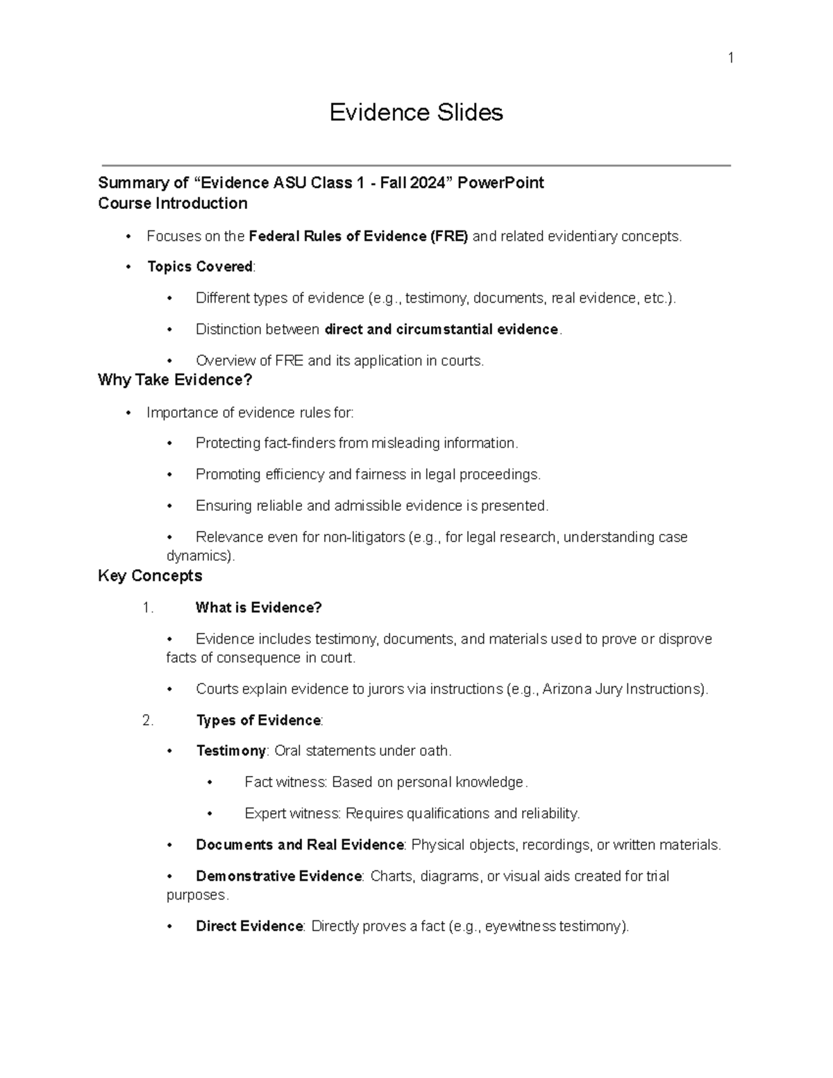 Carson Evidence Slides - Evidence Slides Summary of “Evidence ASU Class ...
