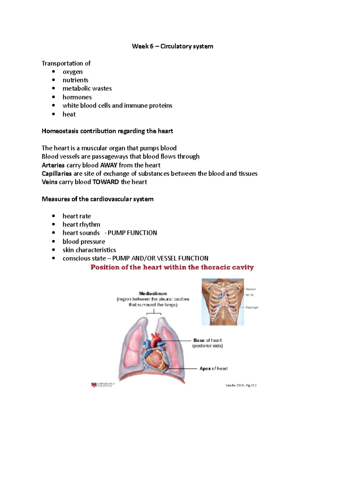 Circulatory system - Week 6 – Circulatory system Transportation of ...