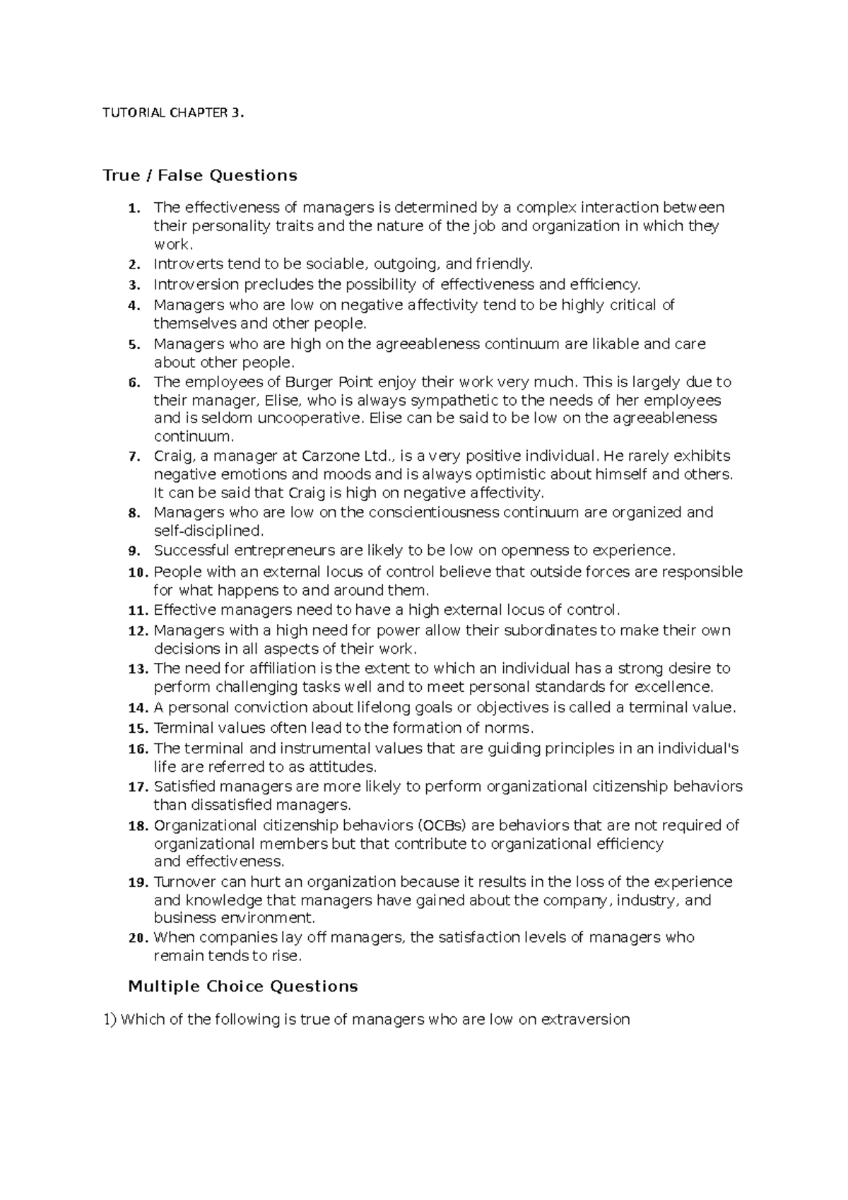03 Tutorial Mgnt Chapter 3 Tutorial Chapter 3 True False Questions 1 The Effectiveness Of