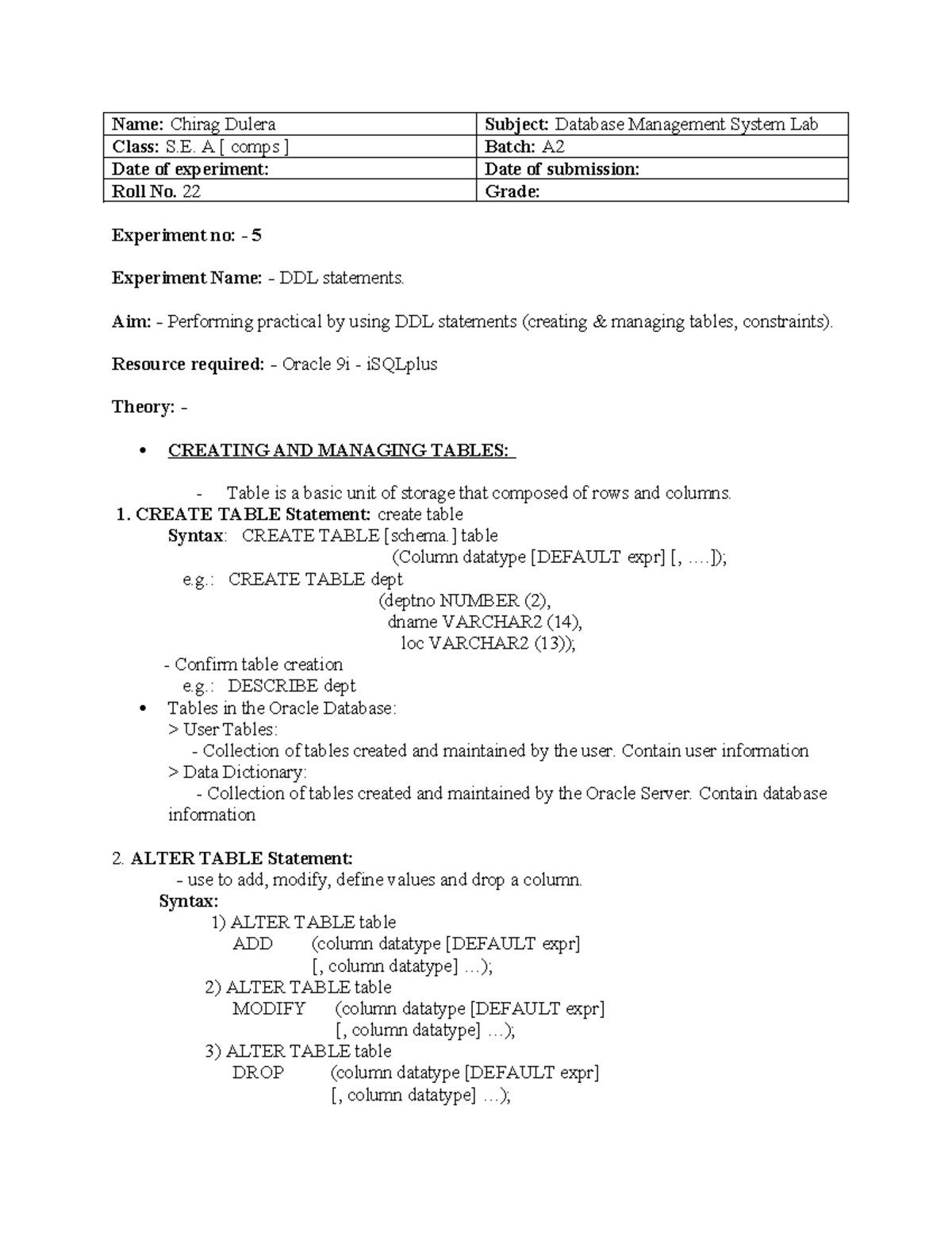 Chirag A22 Dbms Exp5 Dmbs Name Chirag Dulera Subject Database Management System Lab Class