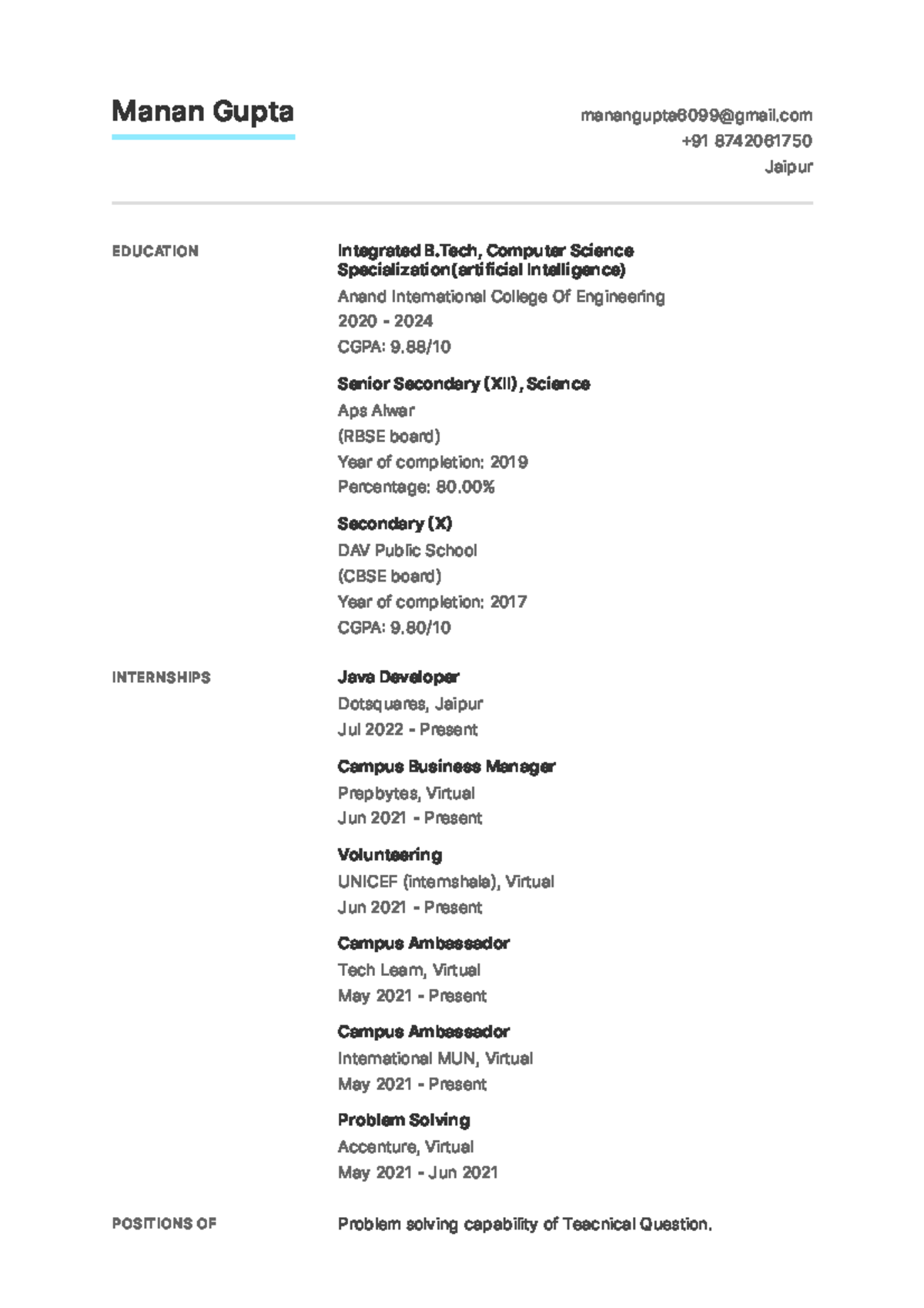 Manan Gupta Internshala Resume - M an an Gu pta manang up ta6 0 9 9 @g ...