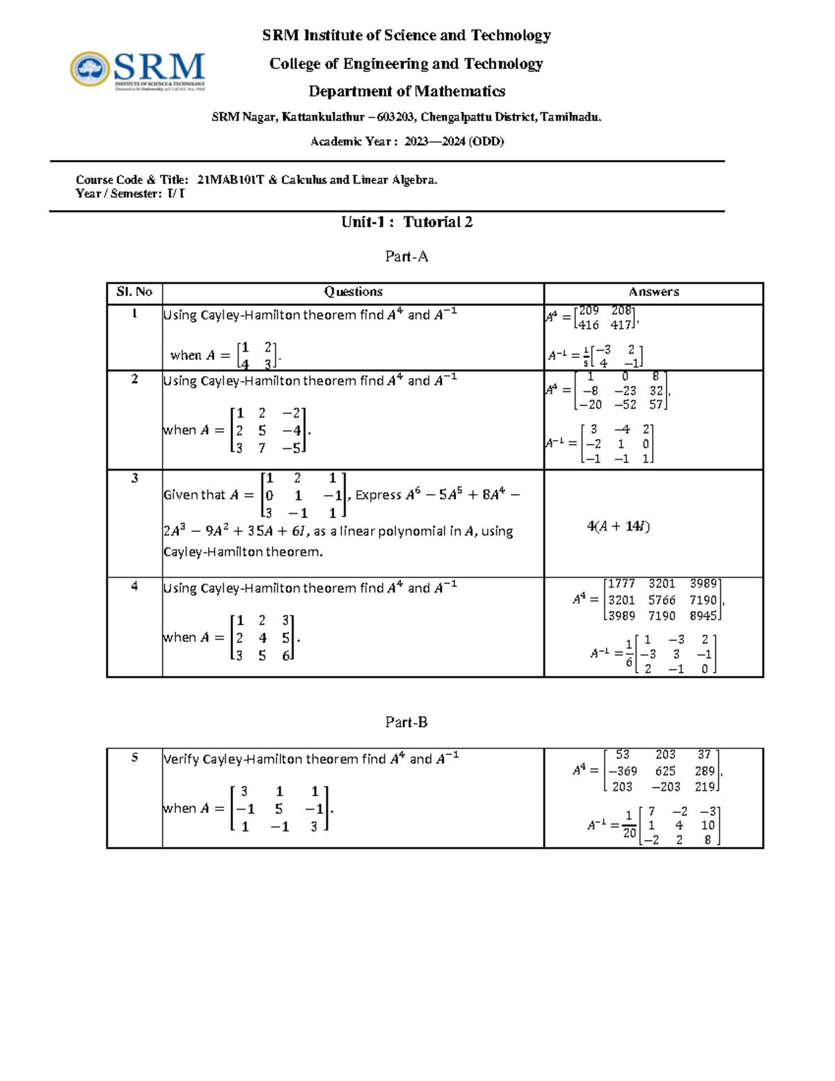 Tut2 - 1st year maths tutorials - SRM Institute of Science and Technology College of Engineering ...