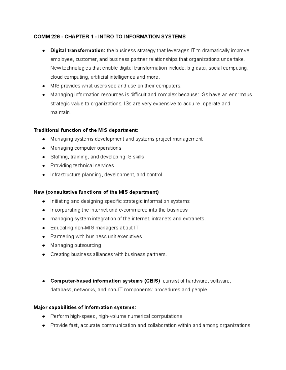 COMM 226 - Chapter 1 - Intro TO IS - COMM 226 - CHAPTER 1 - INTRO TO INFORMATION SYSTEMS Digital ...