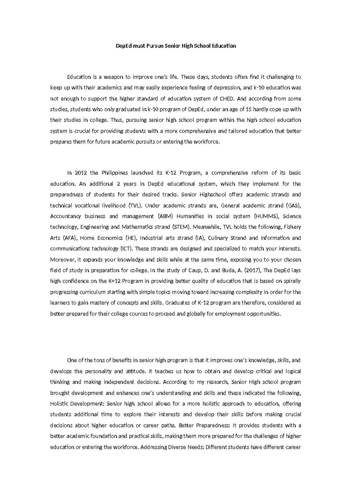 Position Paper - DepEd must Pursue Senior High School Education ...