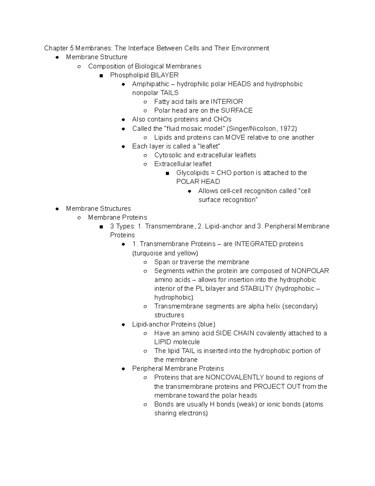 BIO 111 Chapter 5 Membranes The Interface Between Cells and Their ...