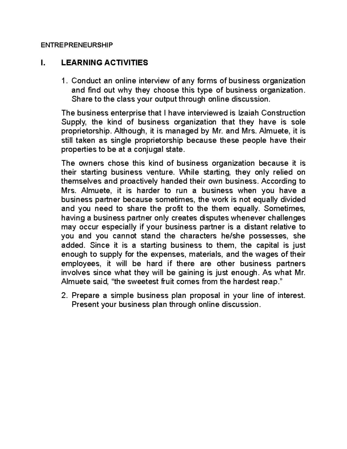 Entrepreneurship Activity - ENTREPRENEURSHIP I. LEARNING ACTIVITIES ...