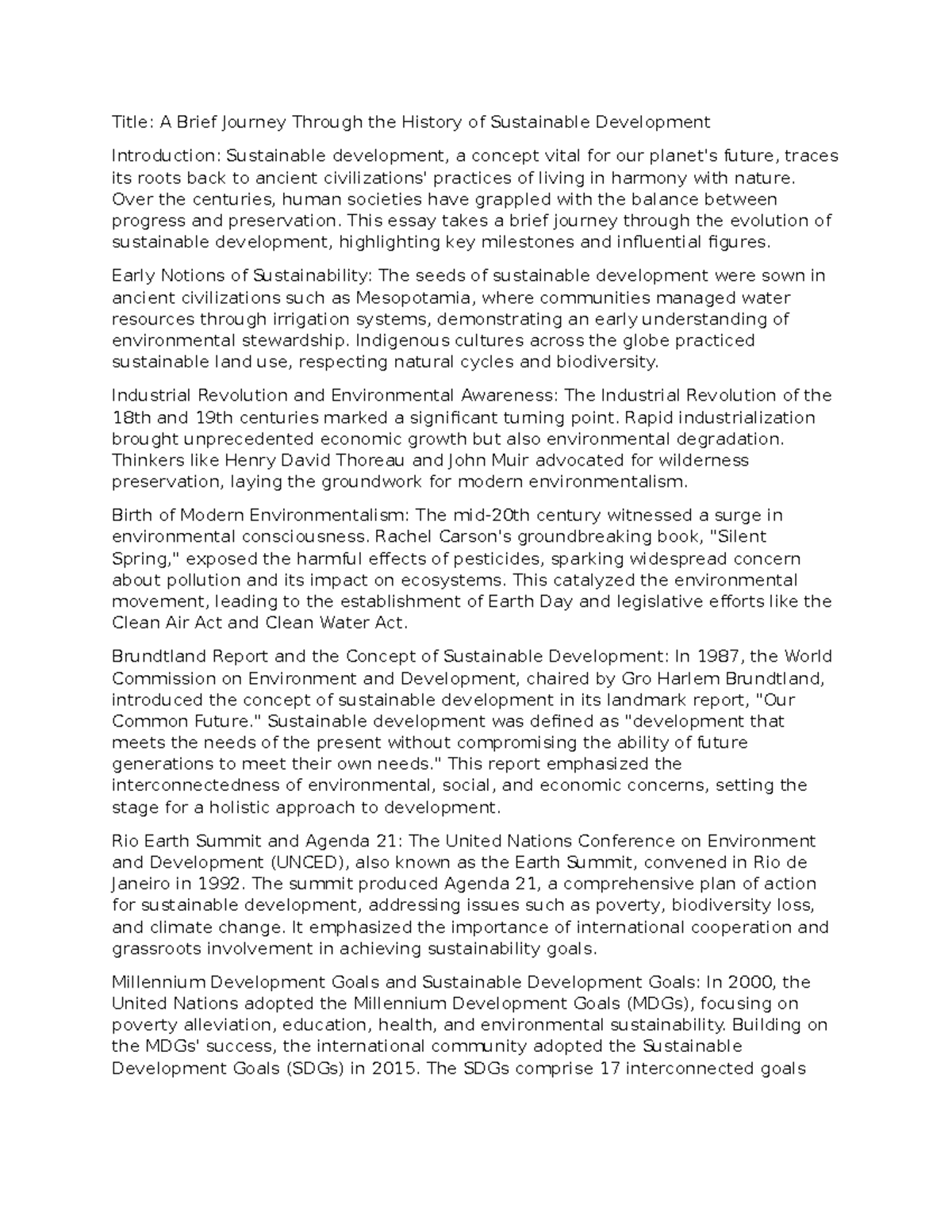 Sustainable Developement Essay - Title: A Brief Journey Through the ...
