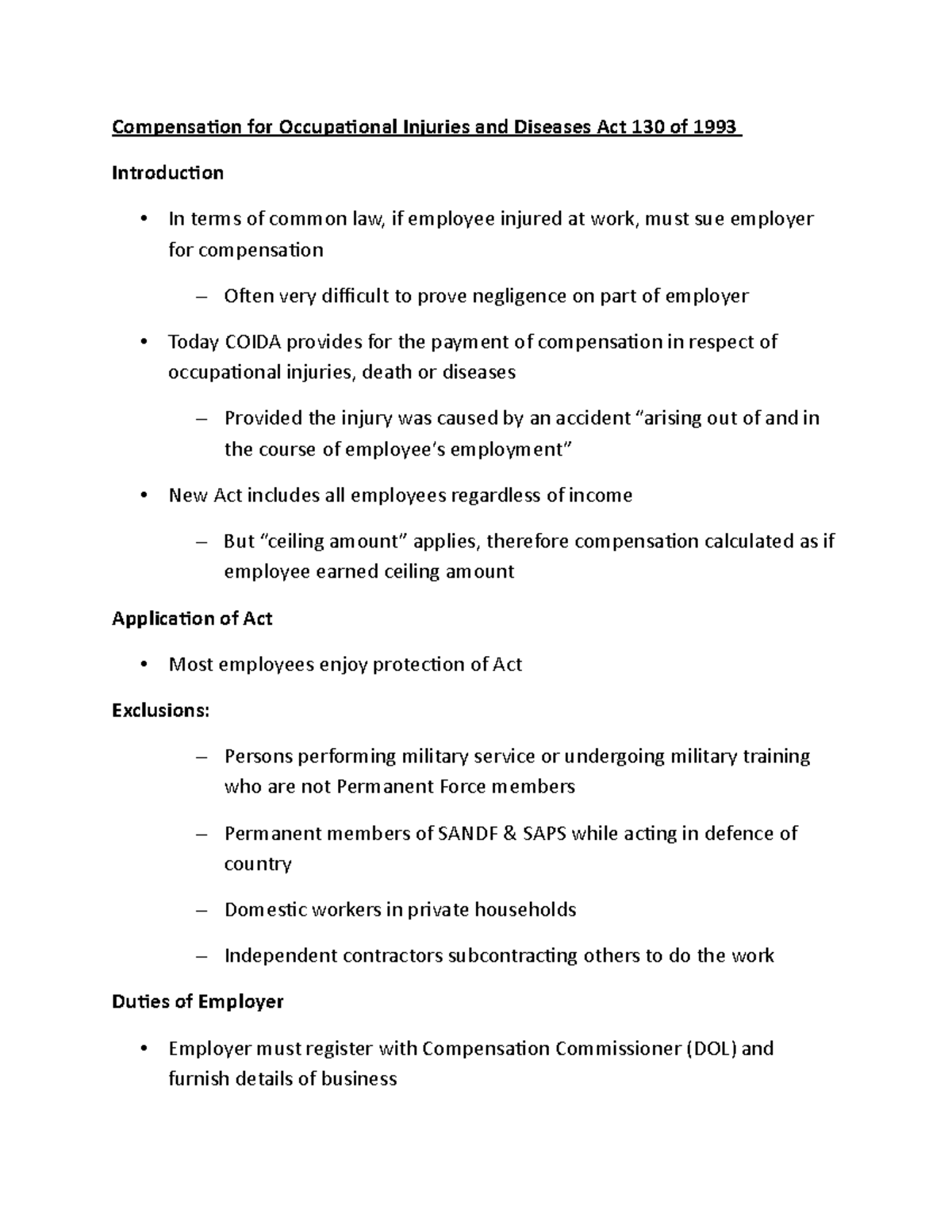 Coida - Lecture notes 1 - Compensation for Occupational Injuries and ...