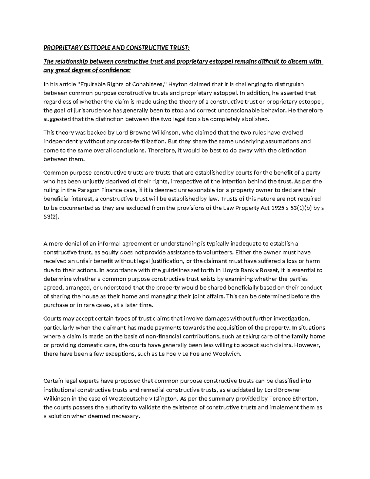 Proprietary esstople and constructive trust EASSY QUESTION ...