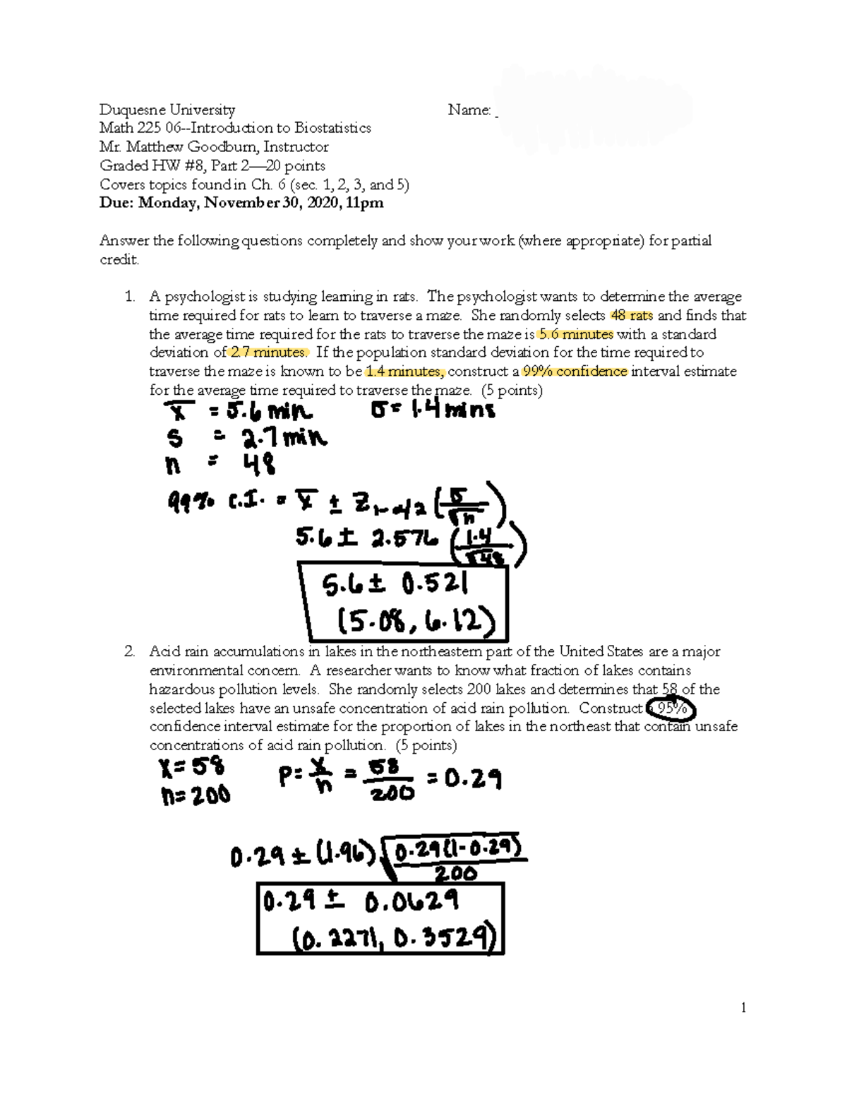 Math 225 06 Graded HW 8 Part 2 - 1 Duquesne University Name ... Math 225 06 Graded HW 8 Part 2 - 1 Duquesne University Name ...