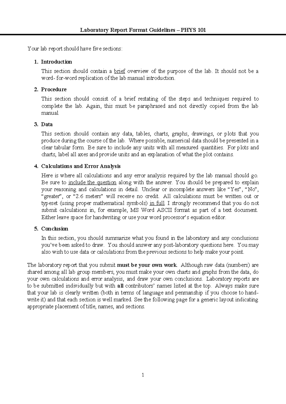 Lab format - Laboratory Report Format Guidelines – PHYS 101 1 Your lab ...