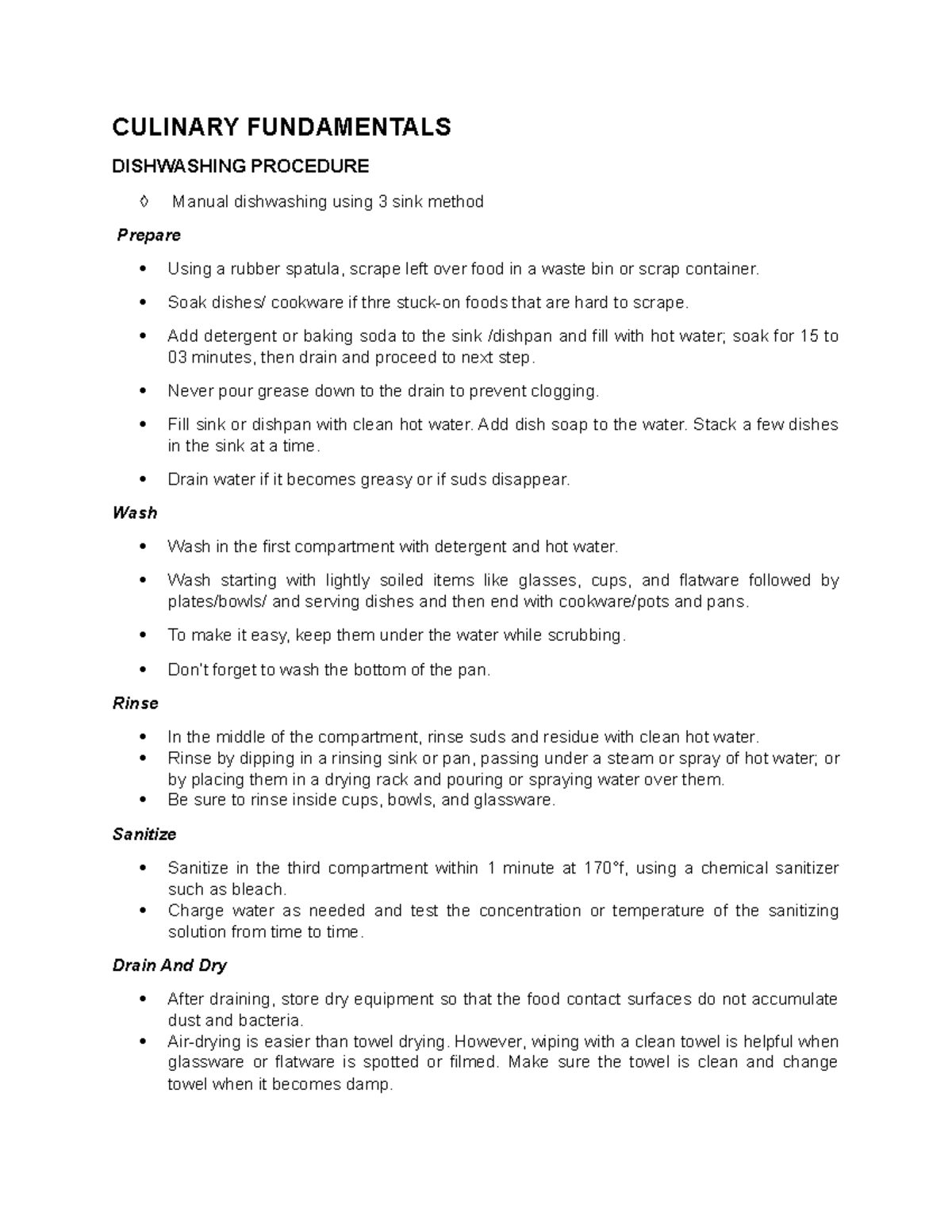 HME 314 (Part 2) - LECTURE NOTES - CULINARY FUNDAMENTALS DISHWASHING ...
