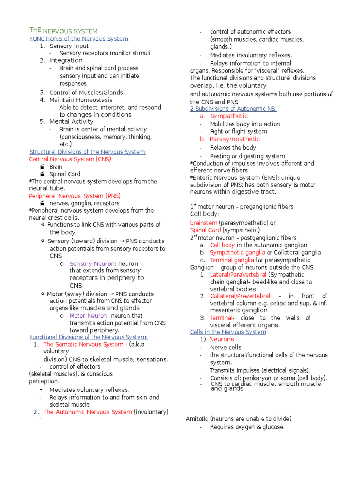 Nervous system reviewer - THE NERVOUS SYSTEM FUNCTIONS of the Nervous ...