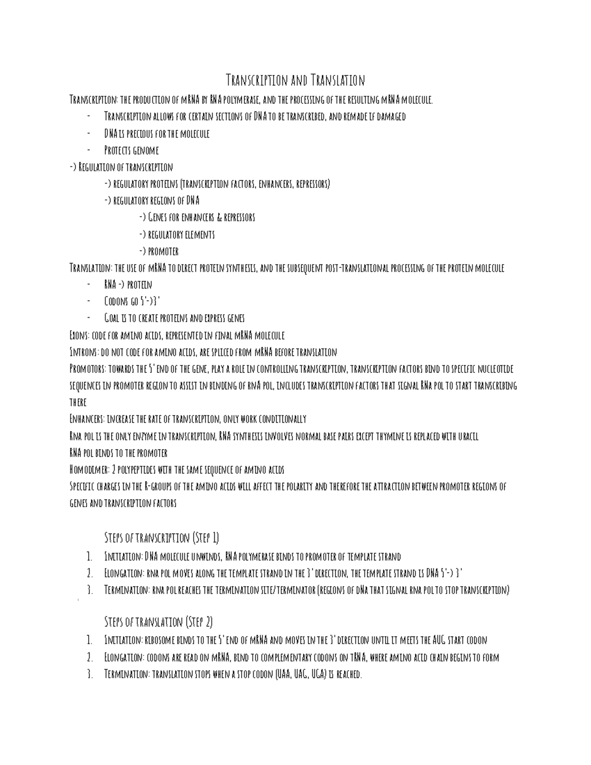 Exam 2 Study Guide - Transcription and Translation - Transcription and ...