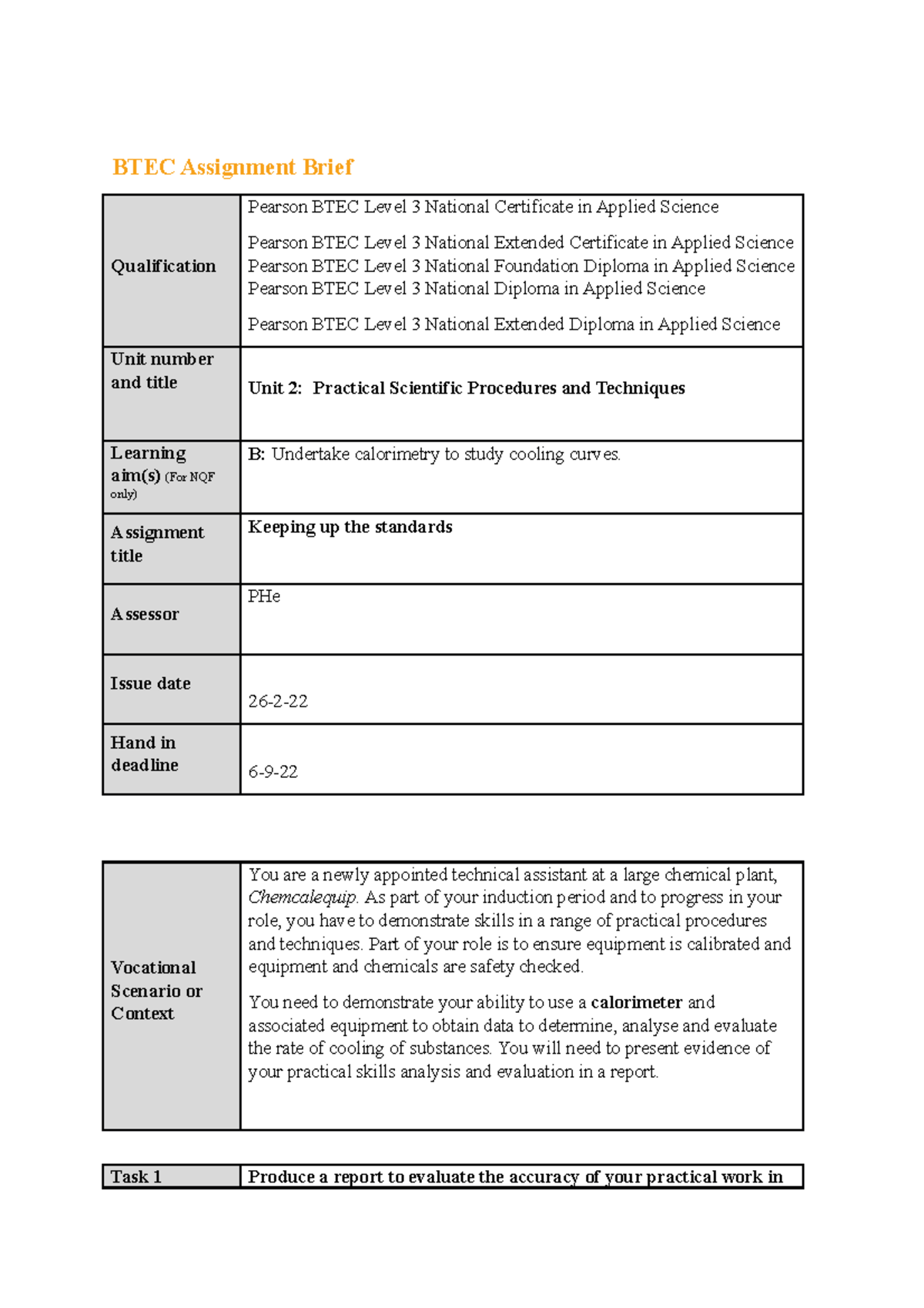 .Unit 19 Unit 19 - BTEC Assignment Brief Qualification Pearson BTEC ...