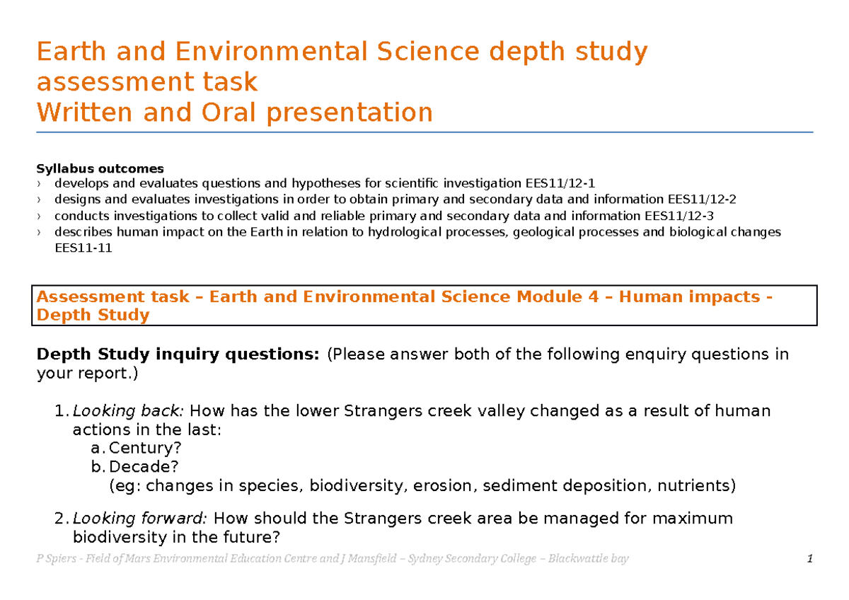 EES Sample written and oral presentation depth study assessment task 4 ...