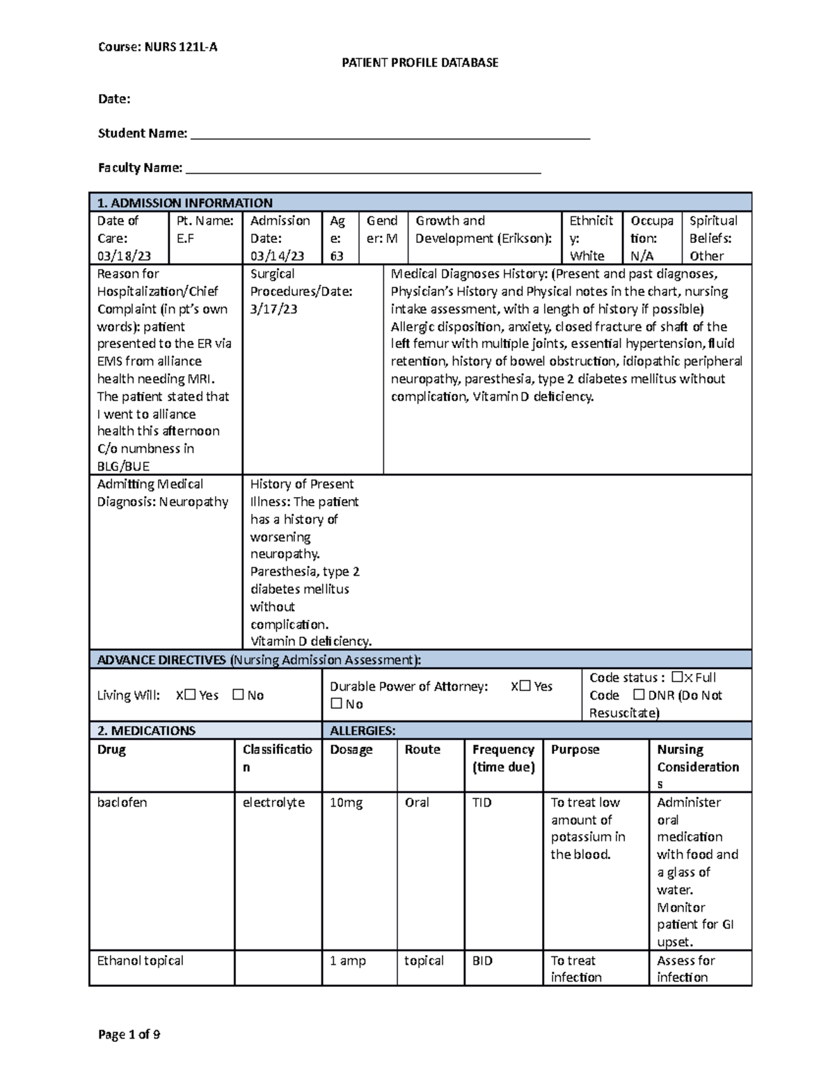 NURS 121L-A - upload - nursing processing paperwork. - PATIENT PROFILE ...