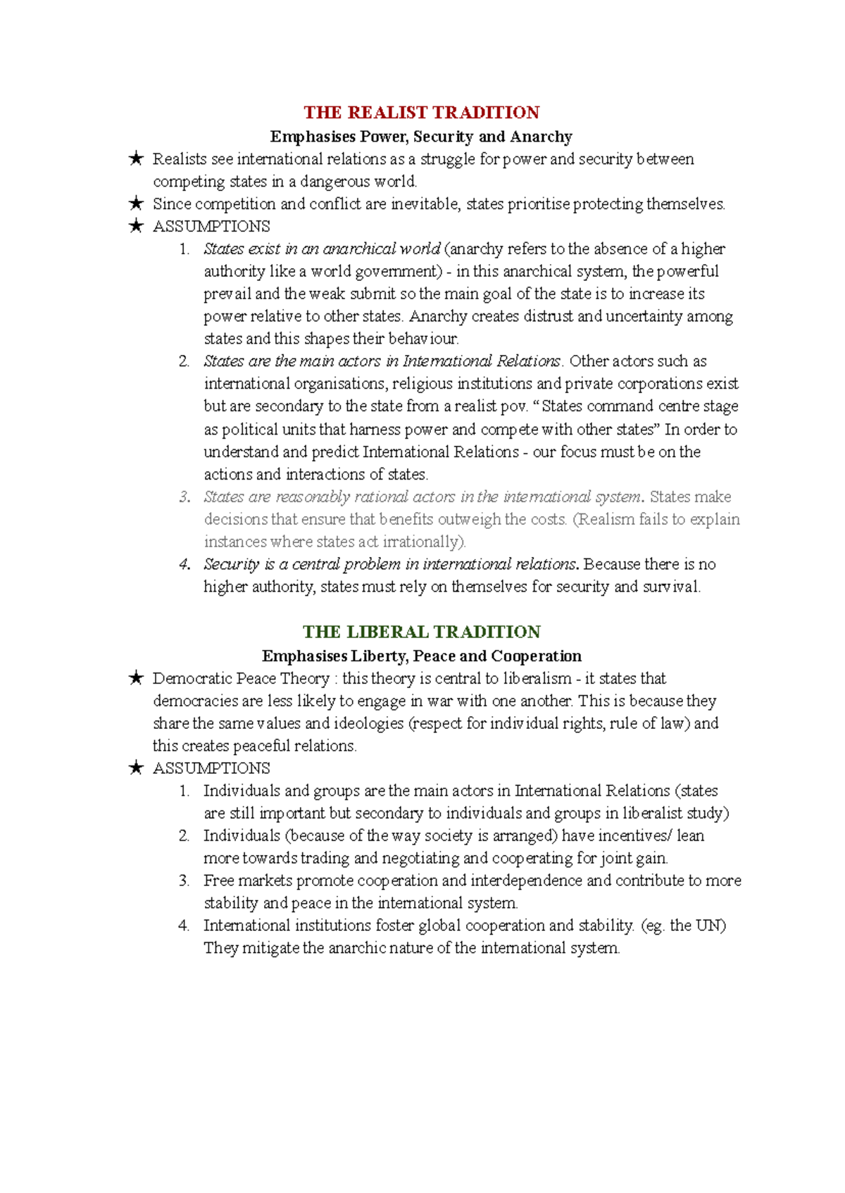 IR Theories - THE REALIST TRADITION Emphasises Power, Security and ...