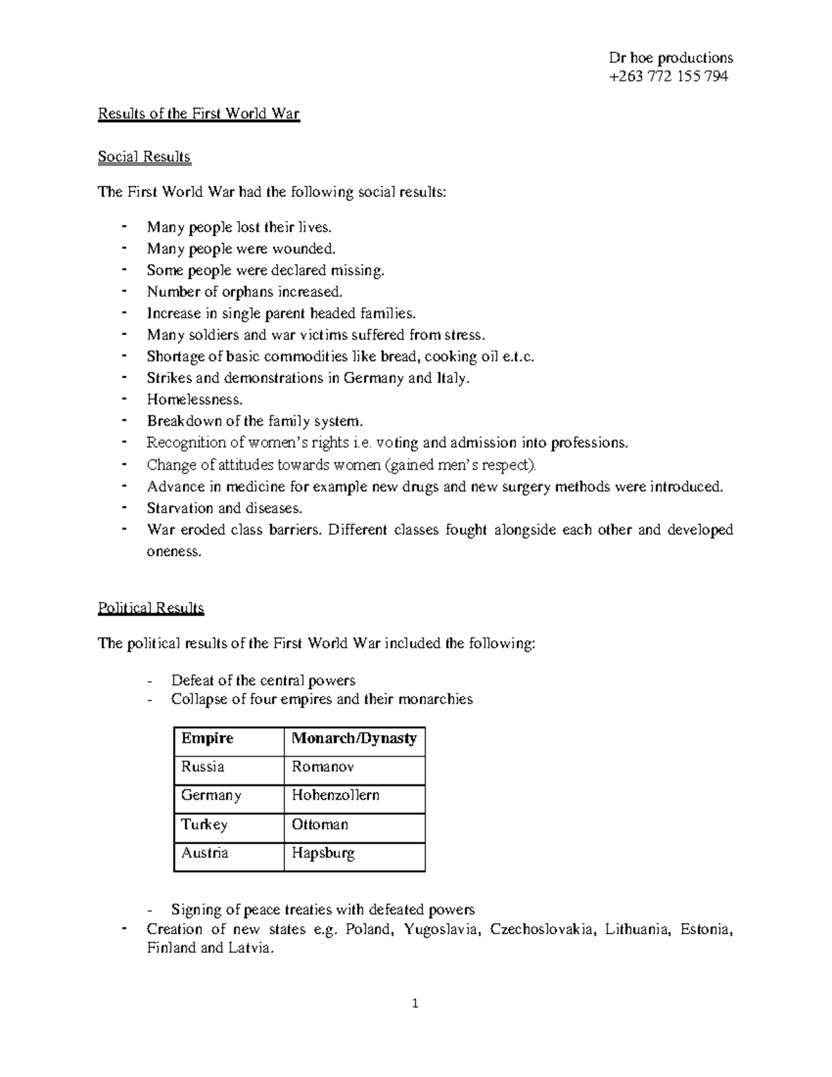 1.3 Results OF WW1 - Dr hoe productions +263 772 155 794 1 Results of ...