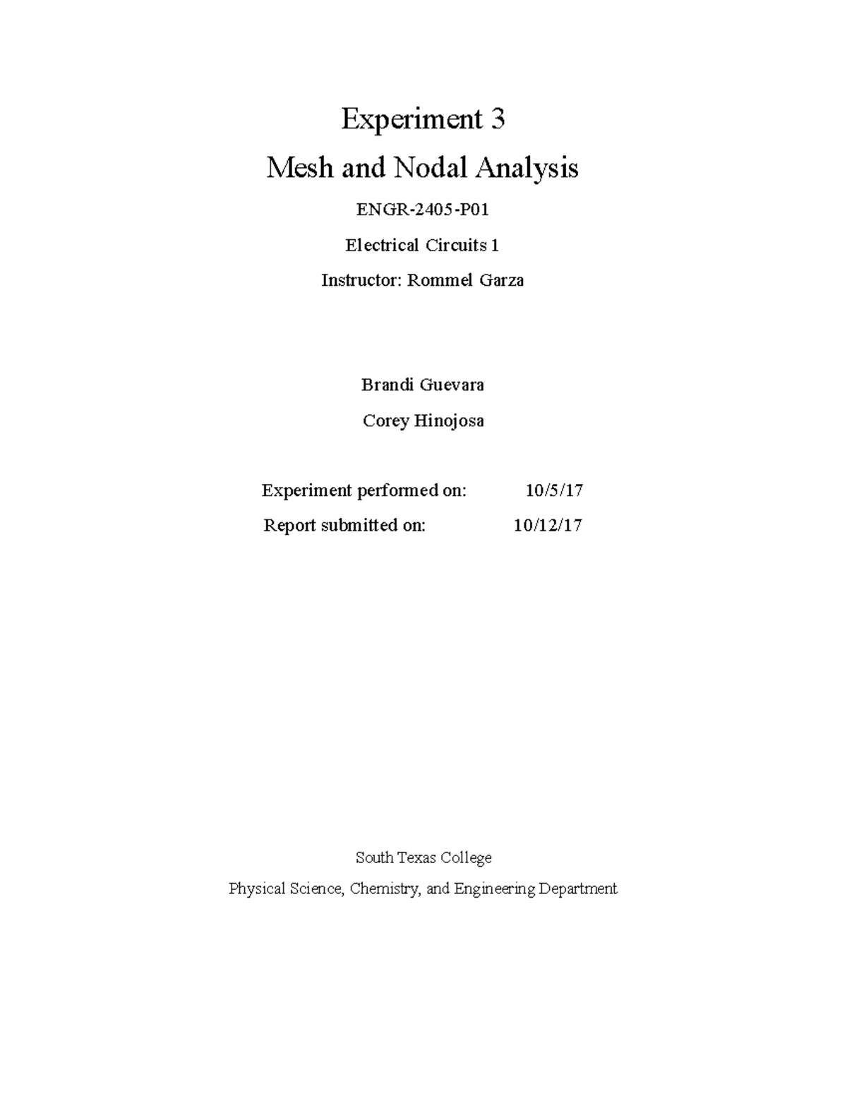 Lap 2405 4 - lap report 4 - Experiment 3 Mesh and Nodal Analysis ENGR ...