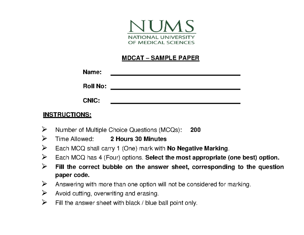 PMC Mdcat Sample Paper - MDCAT – SAMPLE PAPER Name