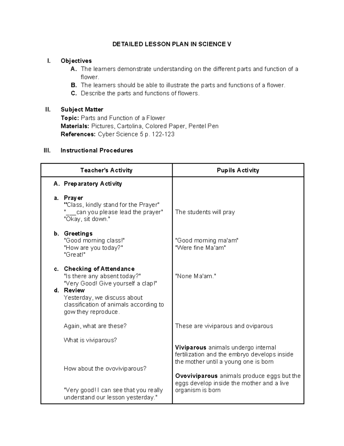 Detailed Lesson PLAN IN Science V - DETAILED LESSON PLAN IN SCIENCE V I ...