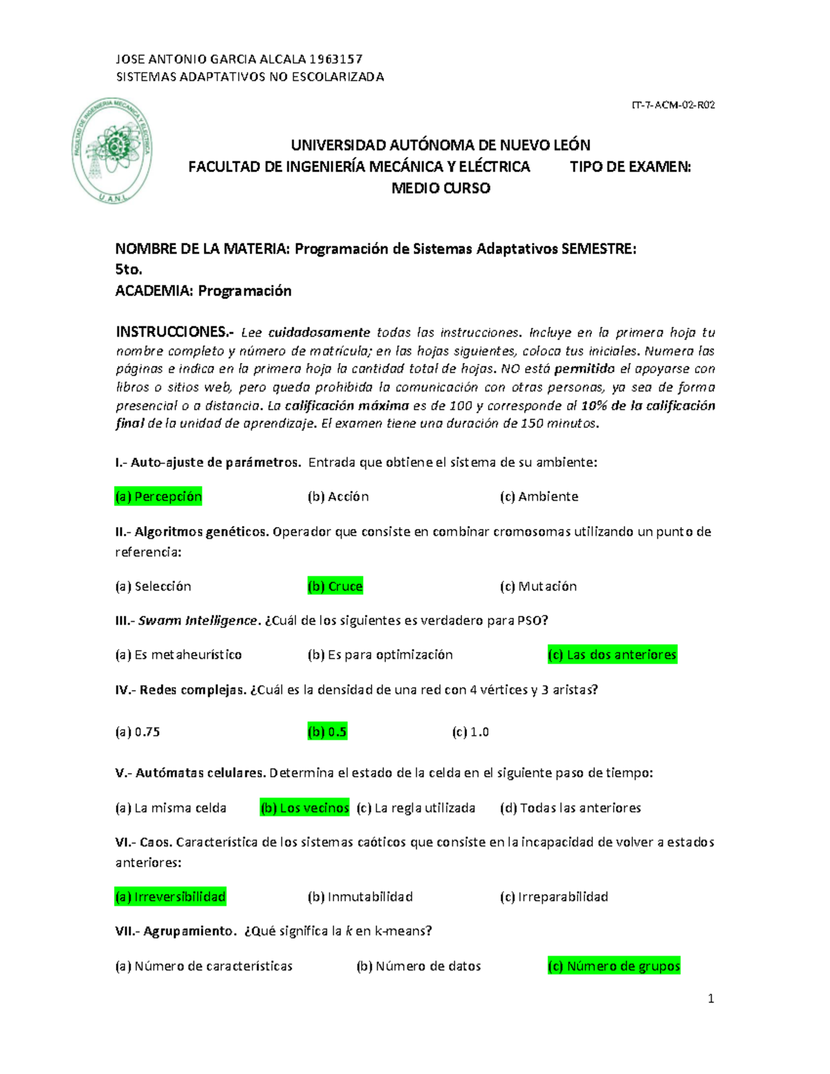 Examen MC Sist Adap 1963157 - JOSE ANTONIO GARCIA ALCALA 1963157 ...