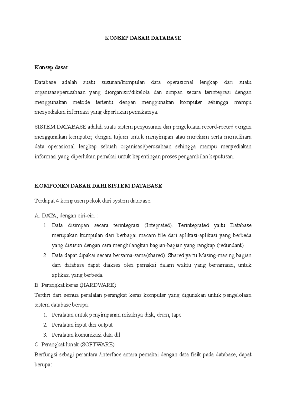 Ringkasan Materi Konsep Dasar Database - KONSEP DASAR DATABASE Konsep ...