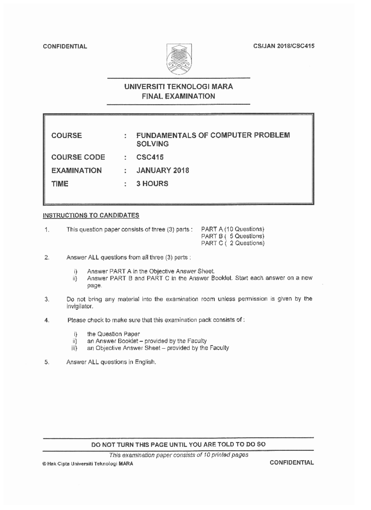 CSC415 JAN 2018 - past year question. - Fundamentals of Computer Problem Solving - Studocu
