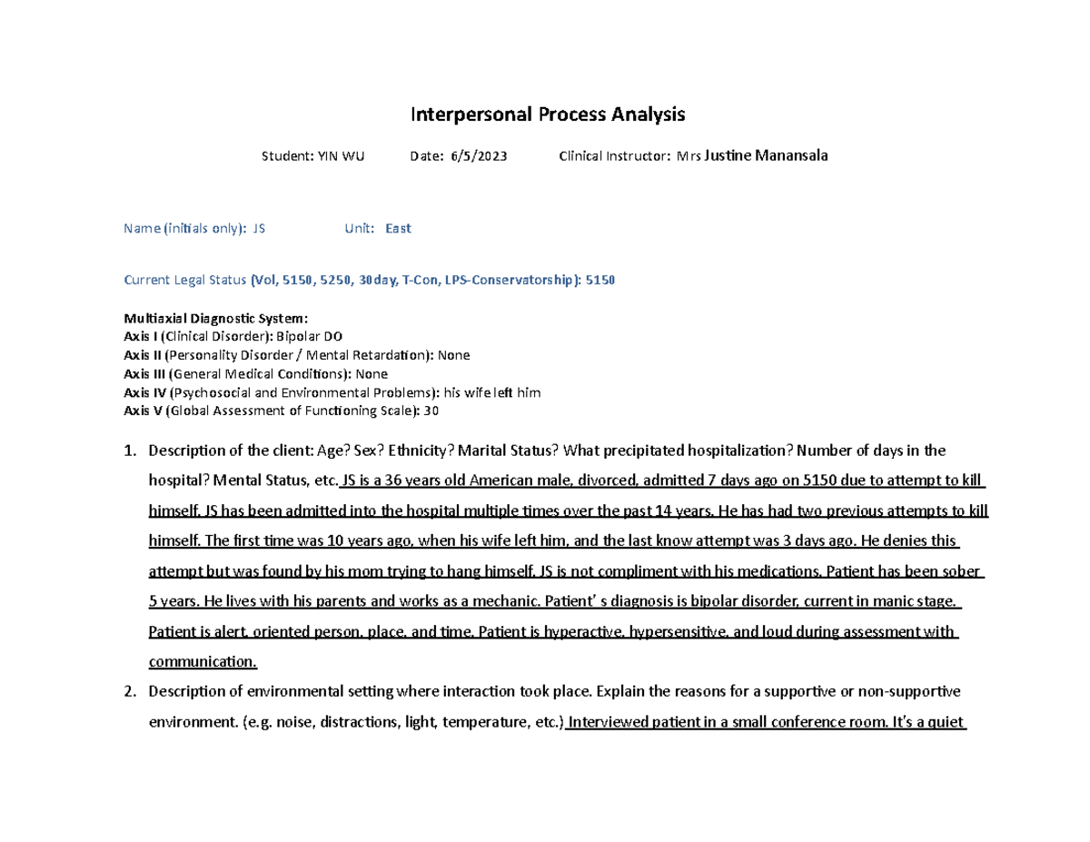 Interpersonal Process Analysis - Interpersonal Process Analysis Student ...