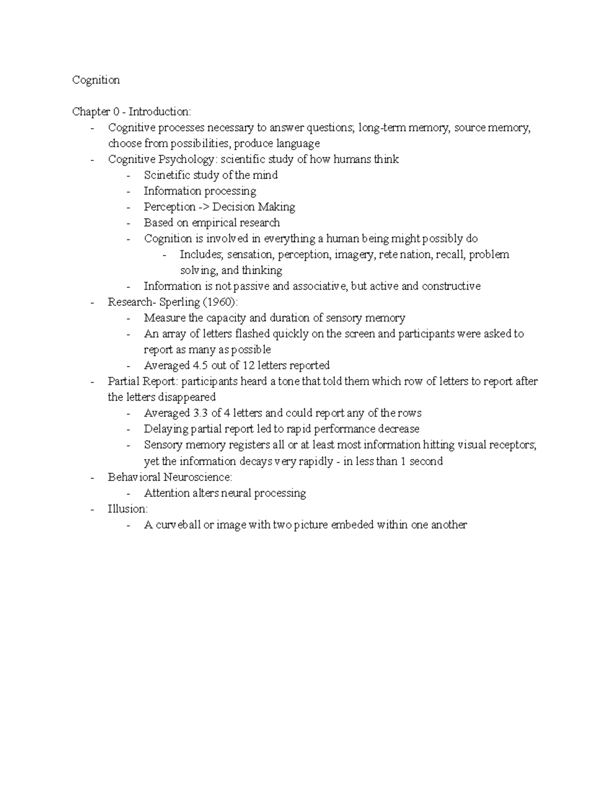 PSY 350 Ch. 0 Notes - Cognition Chapter 0 - Introduction: - Cognitive ...