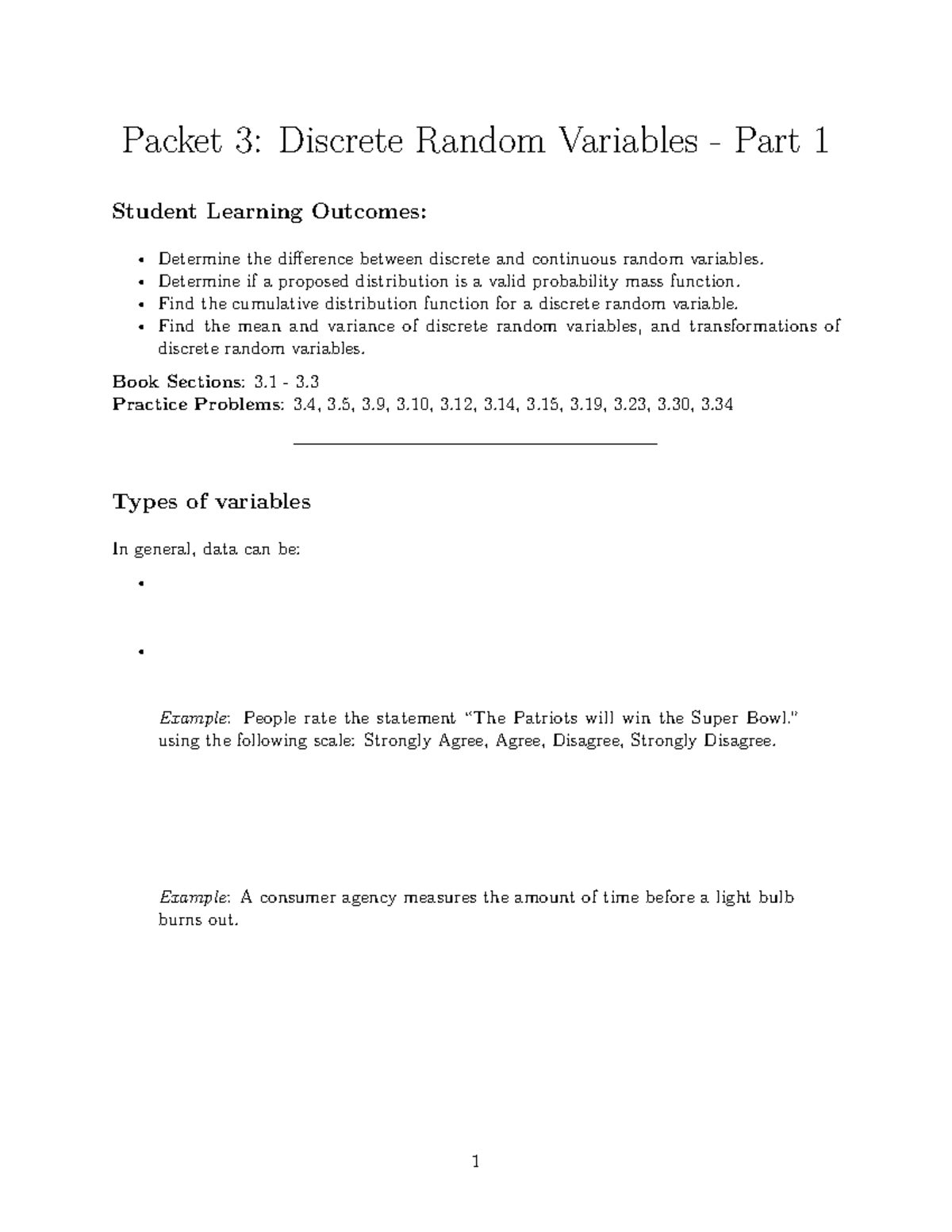 Packet 3 - Lecture notes 3 - Packet 3: Discrete Random Variables - Part ...