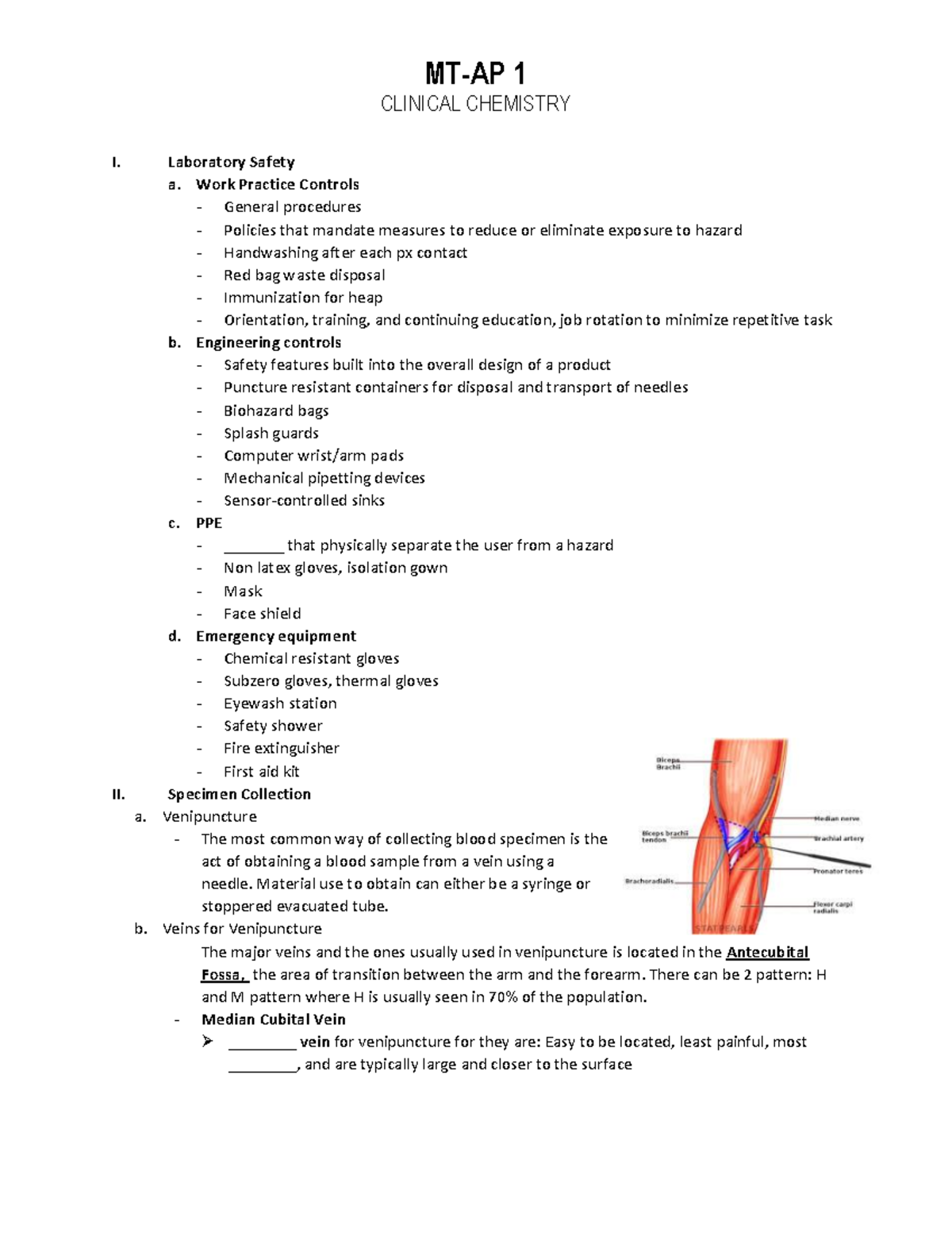 CC Notes 1 blank - CLINICAL CHEMISTRY I. Laboratory Safety a. Work ...