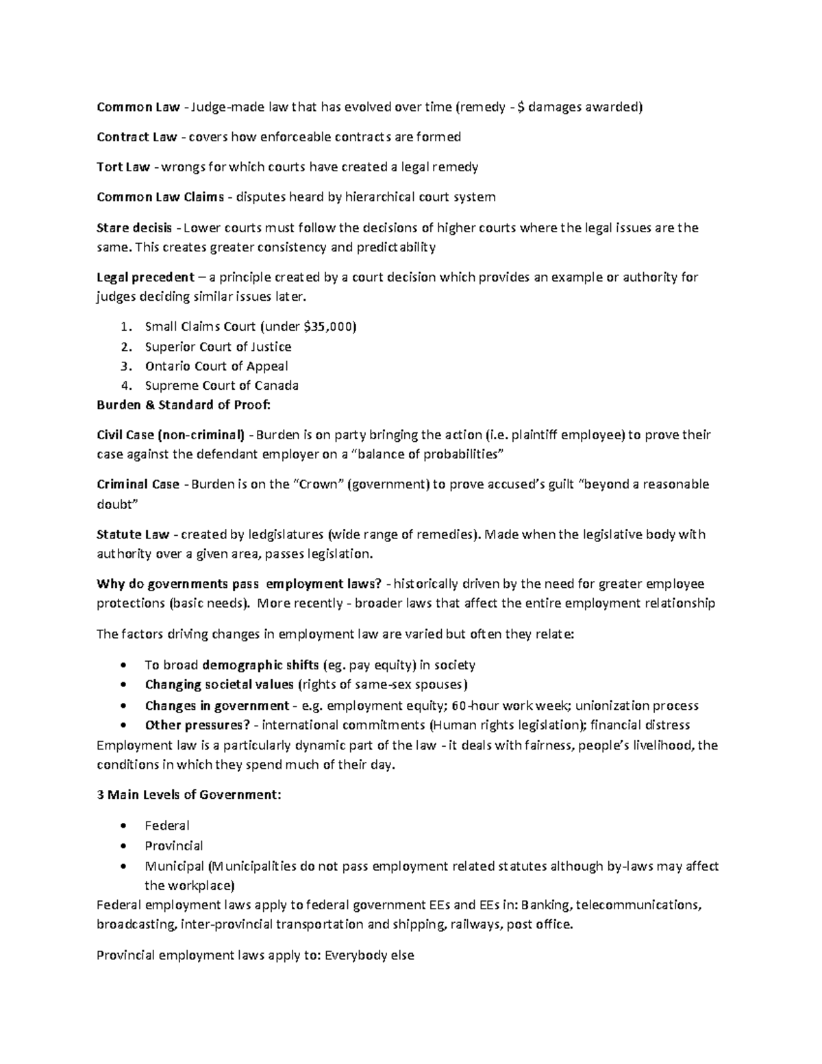 Employment Law Study Material - Common Law - Judge-made law that has ...