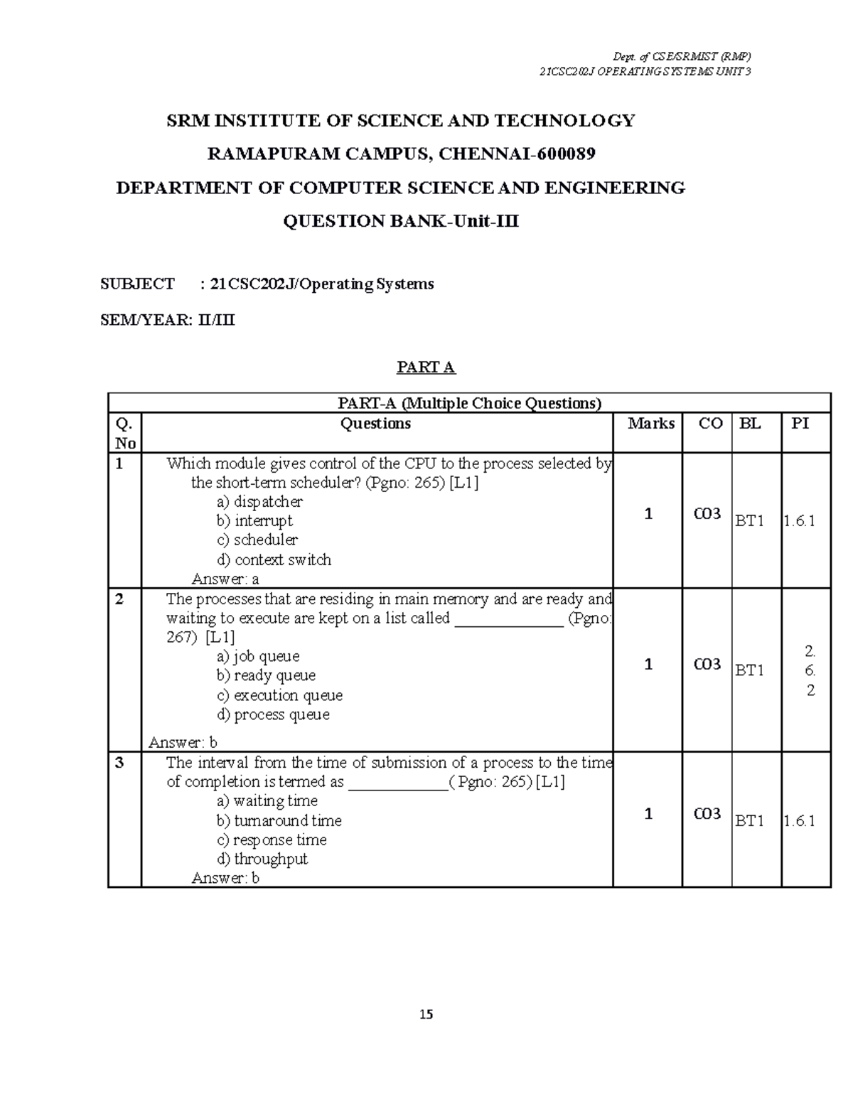 Unit 3 Qb 21csc202j Operating Systems Unit 3 Srm Institute Of Science