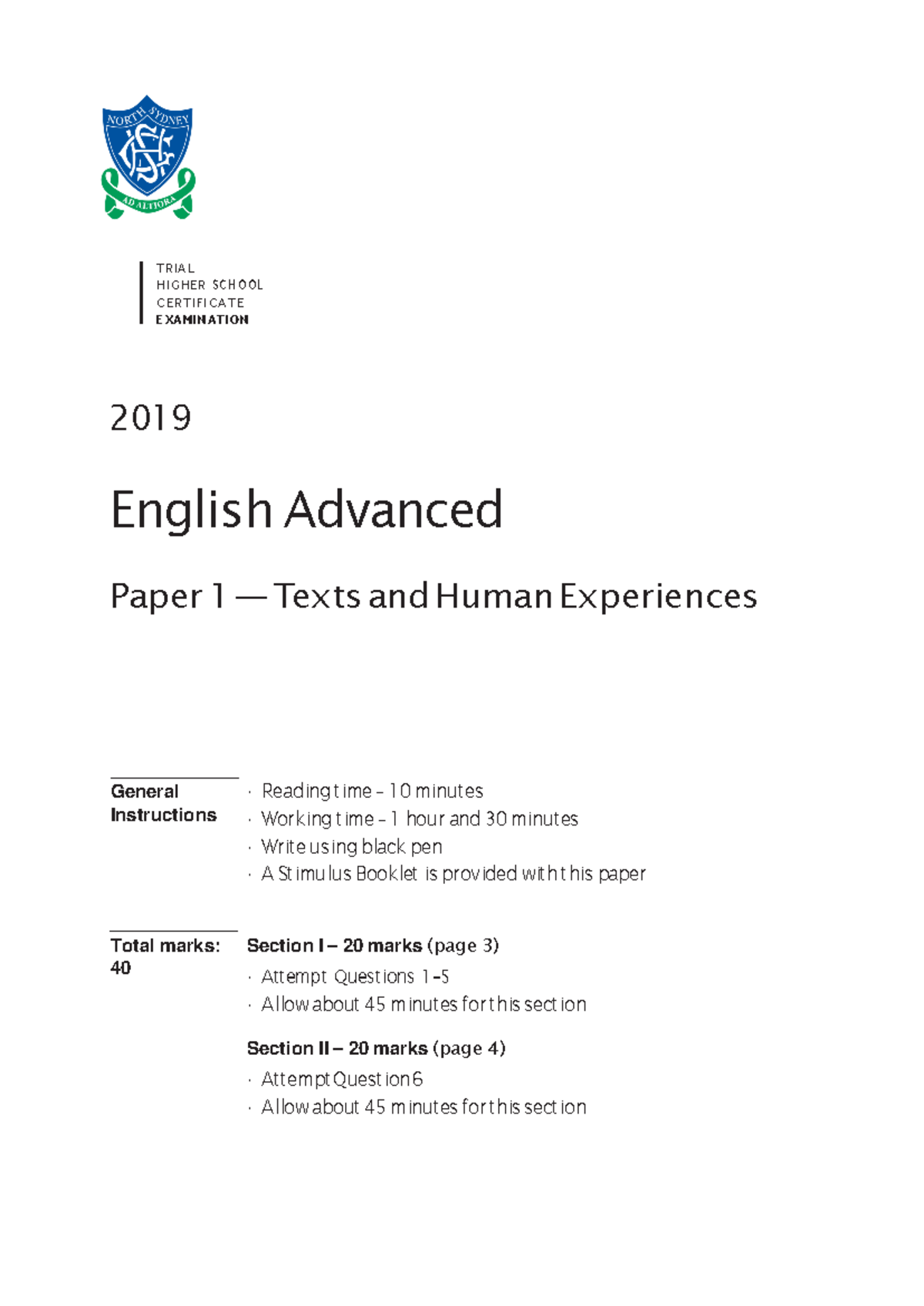 North Sydney Girls 2019 TRIAL HIGHER SCHOOL CERTIFICATE EXAMINATION north-sydney-girls-2019-trial-higher-school-certificate-examination