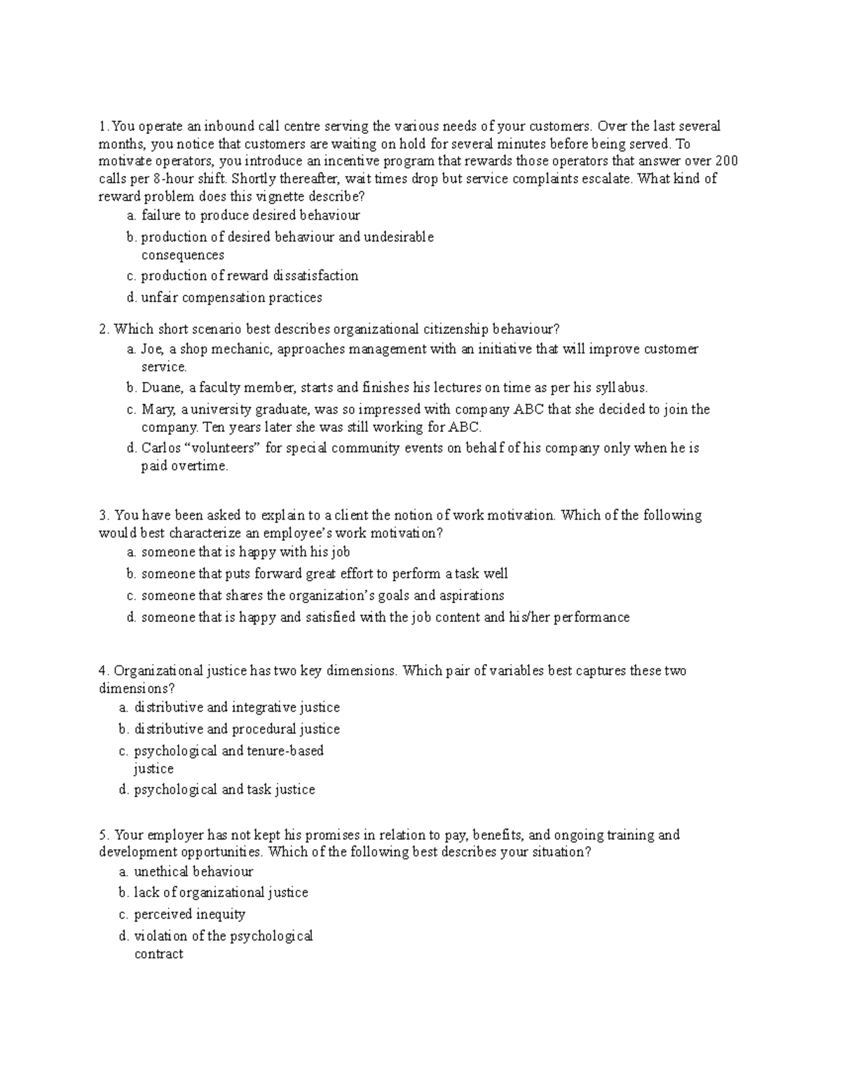 Sample questions for Quiz One - 1 operate an inbound call centre ...