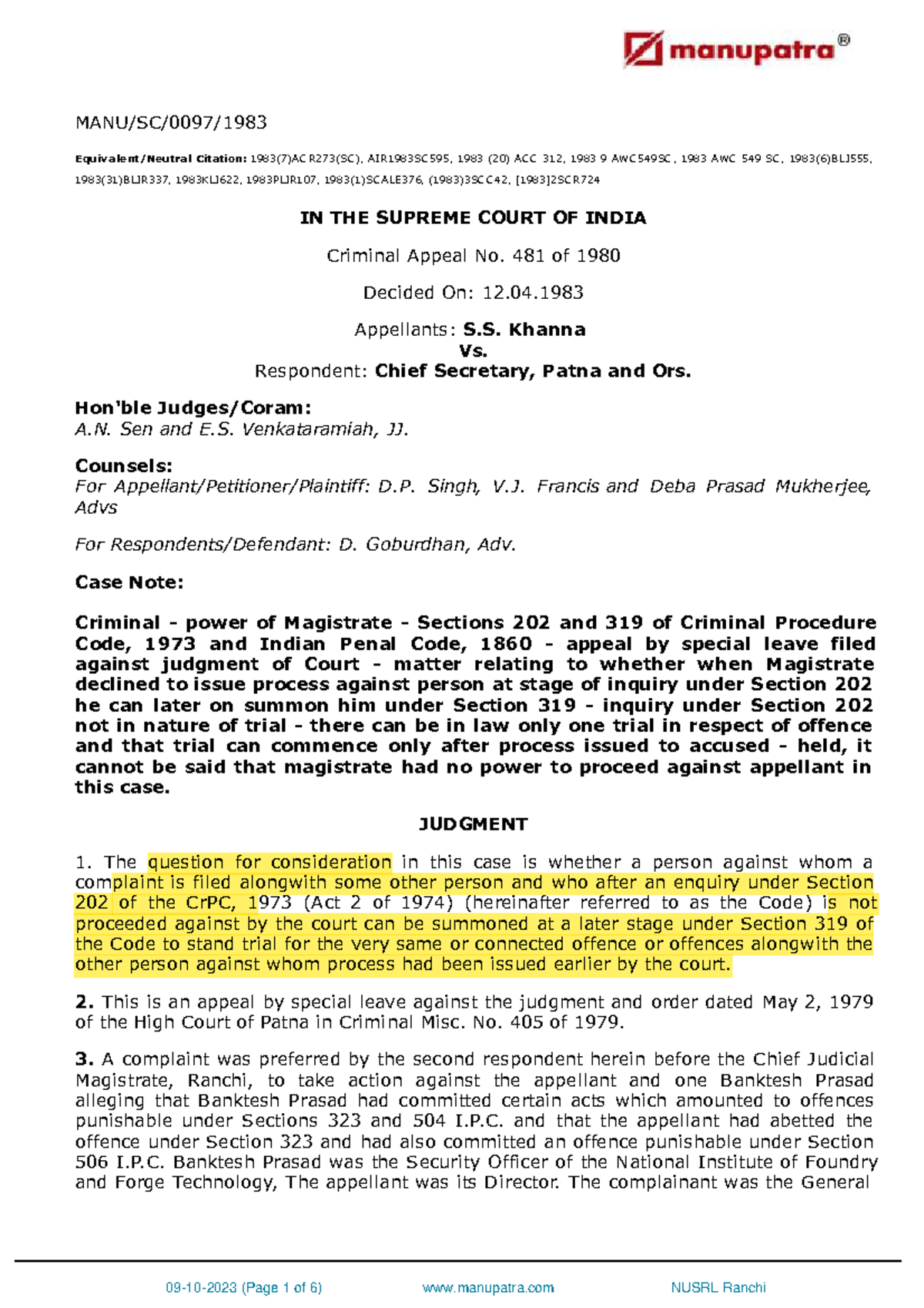 SS Khanna vs Chief Secretary Patna and Ors 12041 s830097 COM863020 ...