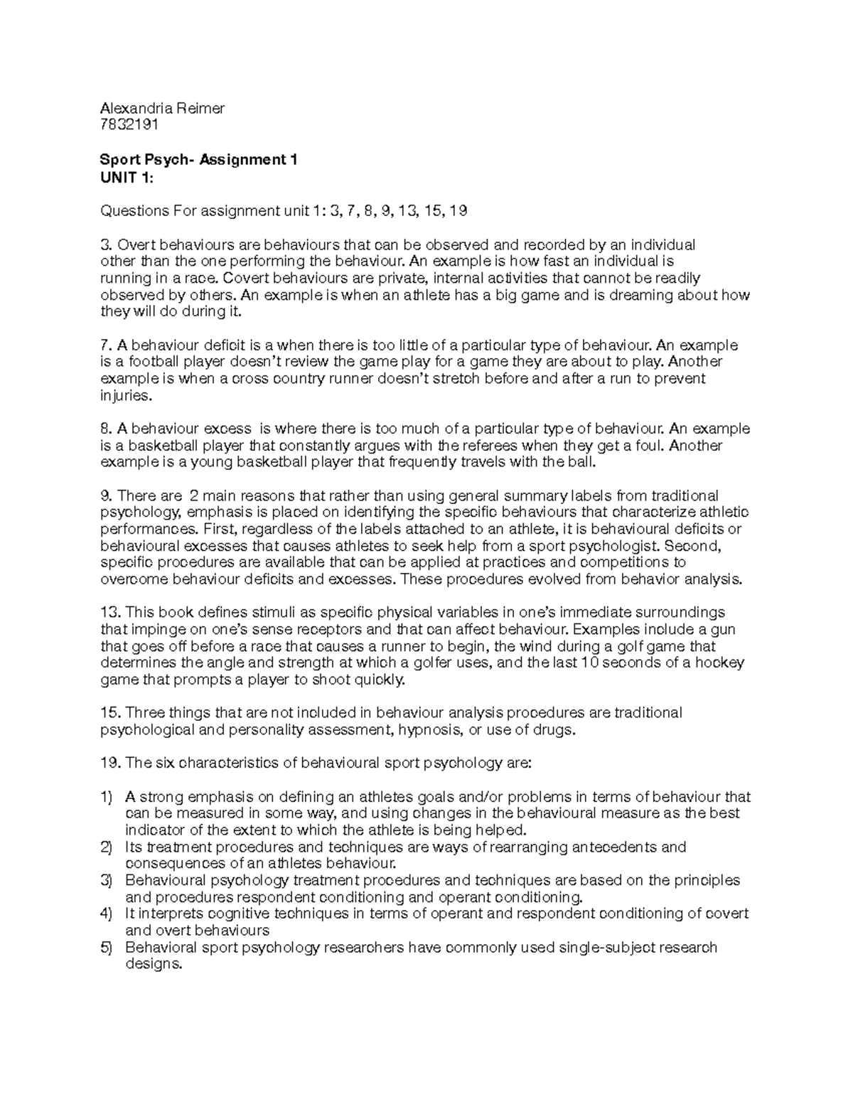 KIN 2105 Assignment 1 - Alexandria Reimer 7832191 Sport Psych ...