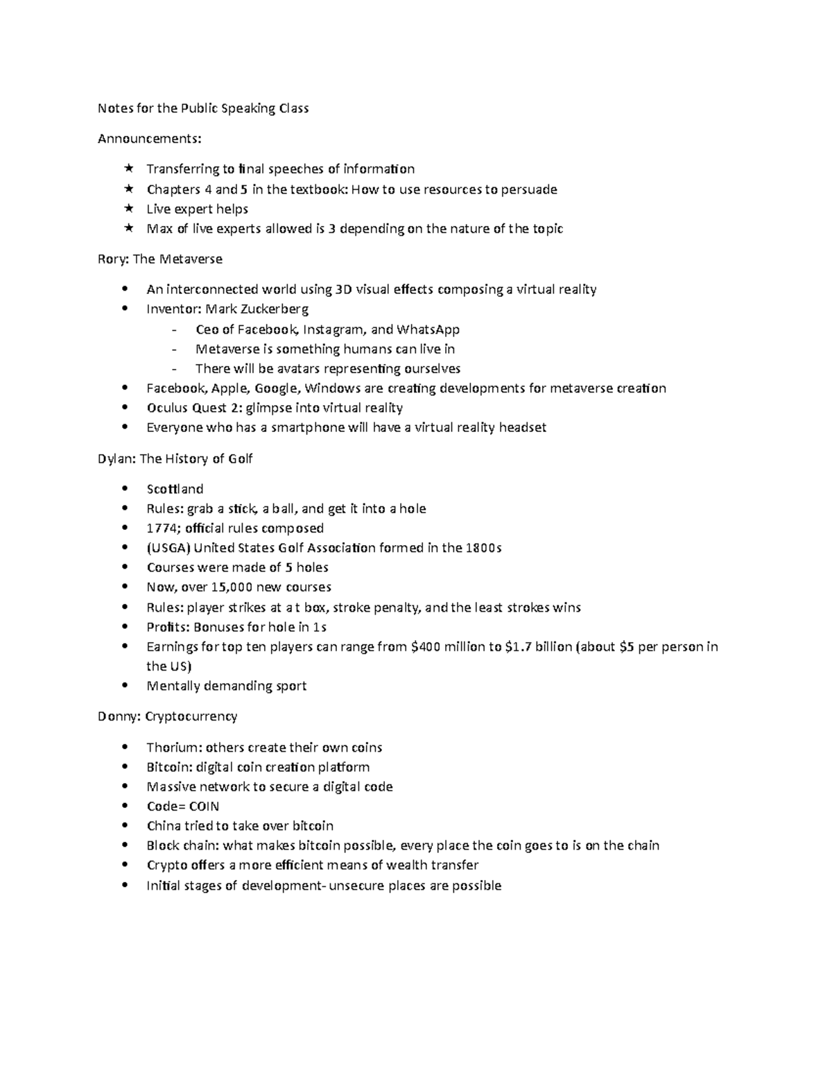 Class notes/speech presentations - Notes for the Public Speaking Class ...