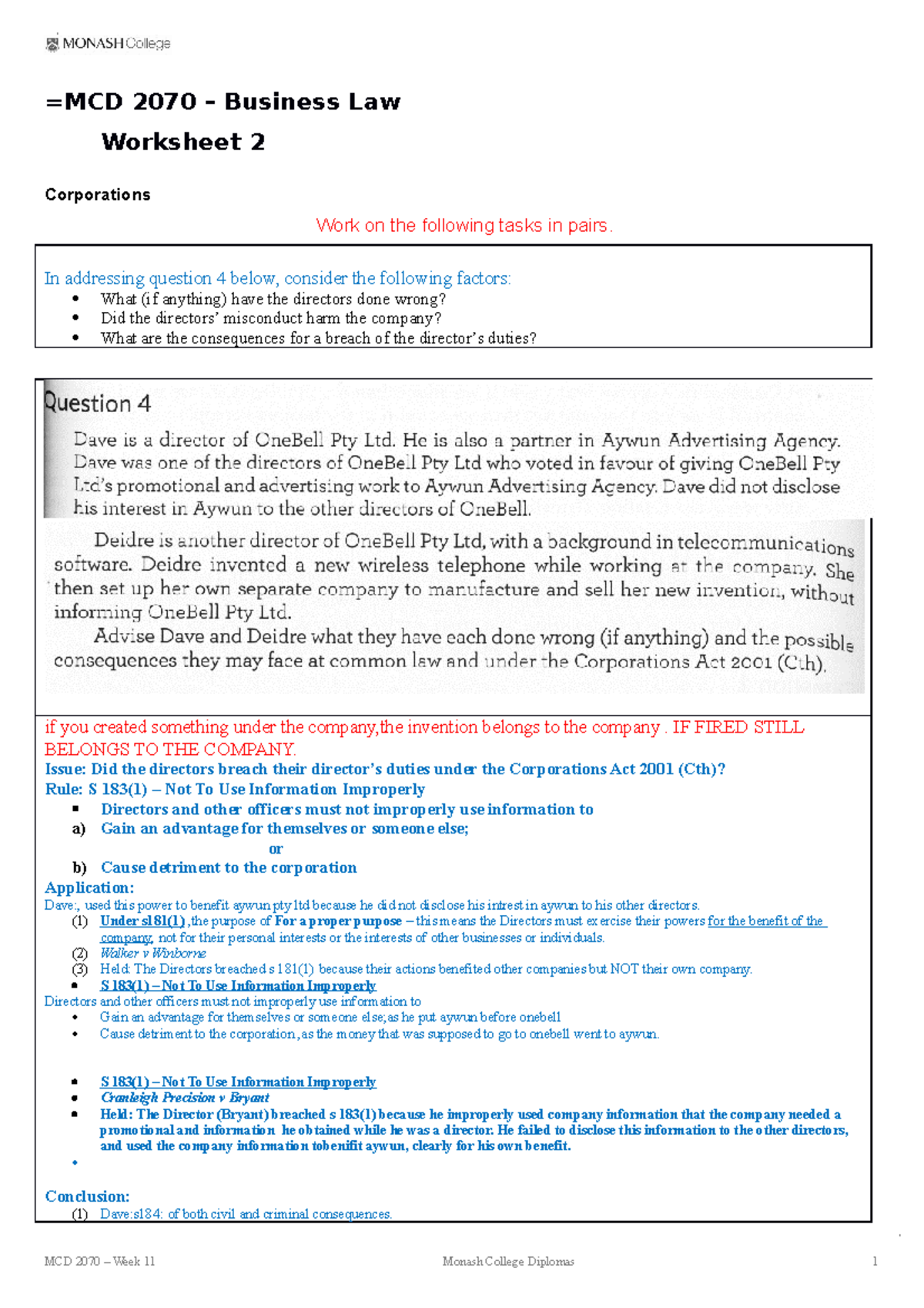 Director Duties- Exercises 2 - =MCD 2070 – Business Law Worksheet 2 ...