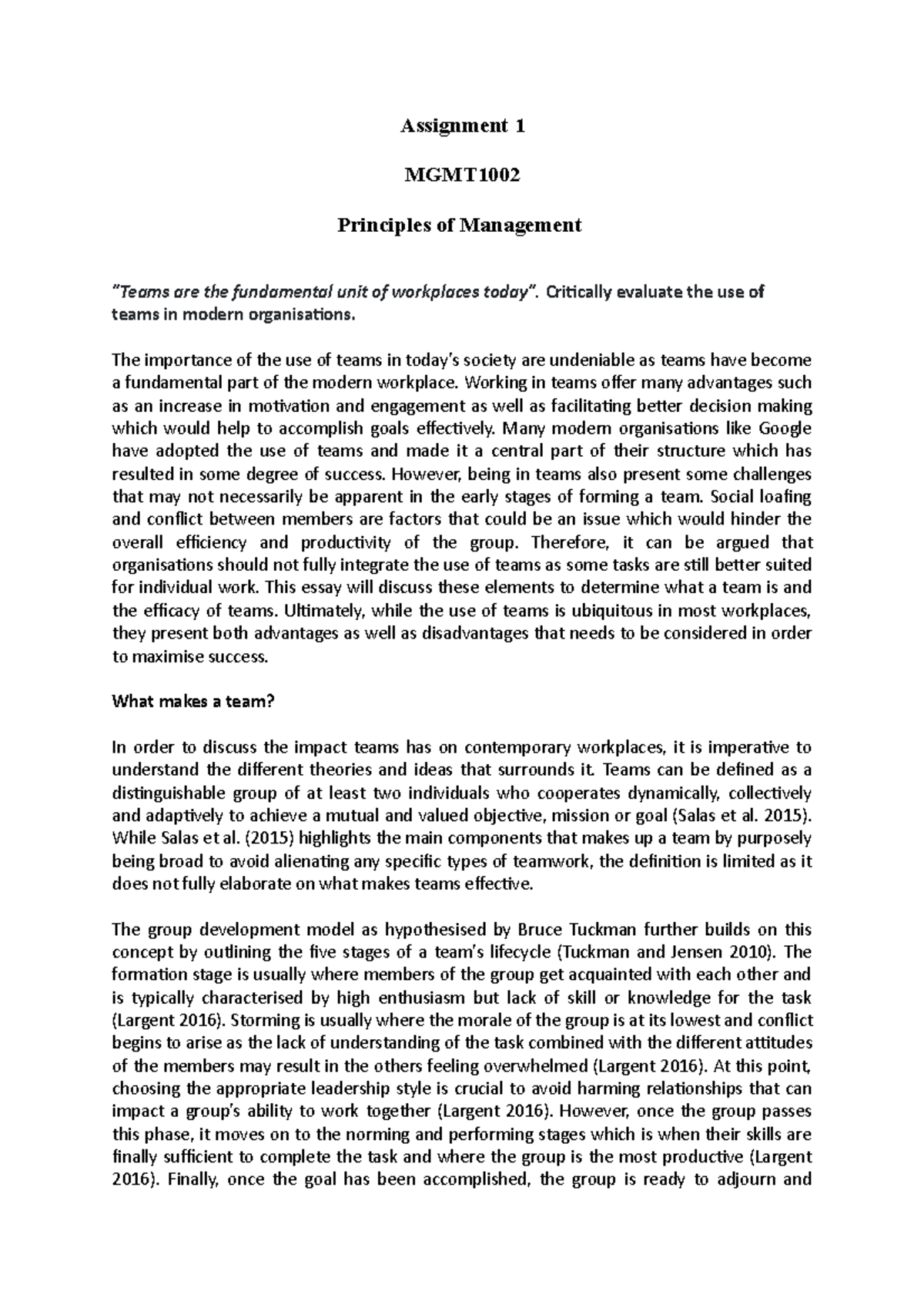 Management Essay - Assignment 1 MGMT Principles of Management "Teams ...