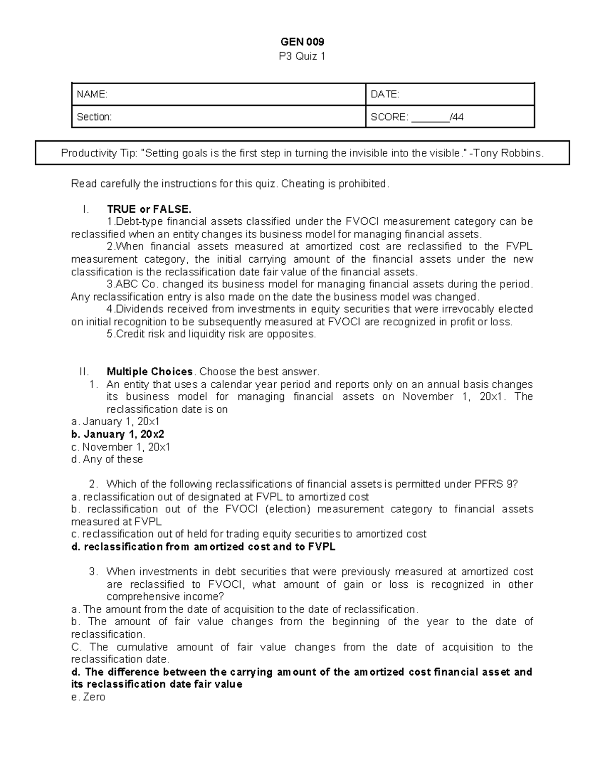 GEN 009 P3 Quiz - P3 Quiz 1 NAME: DATE: Section: SCORE ...