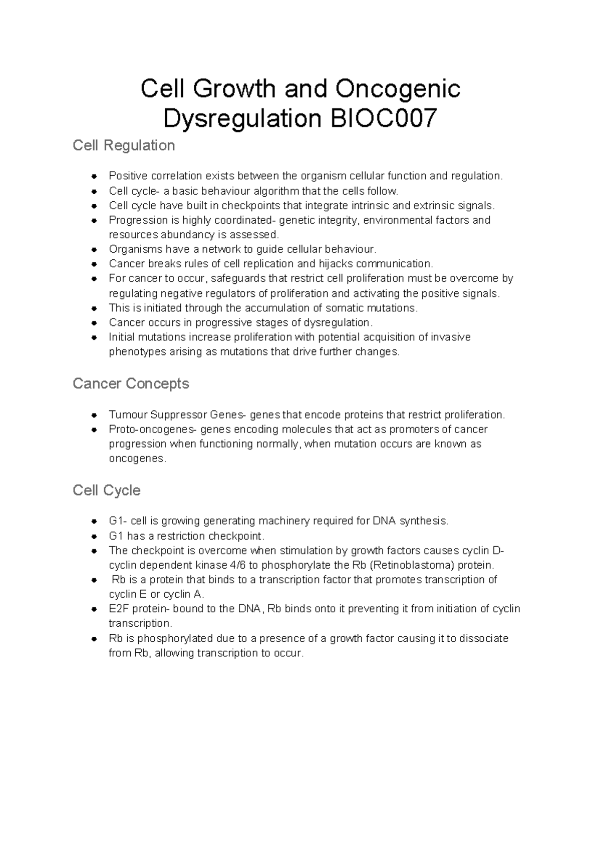 Cell Growth and Oncogenic Dysregulation BIOC007 - Cell Growth and Oncogenic Dysregulation BIOC ...