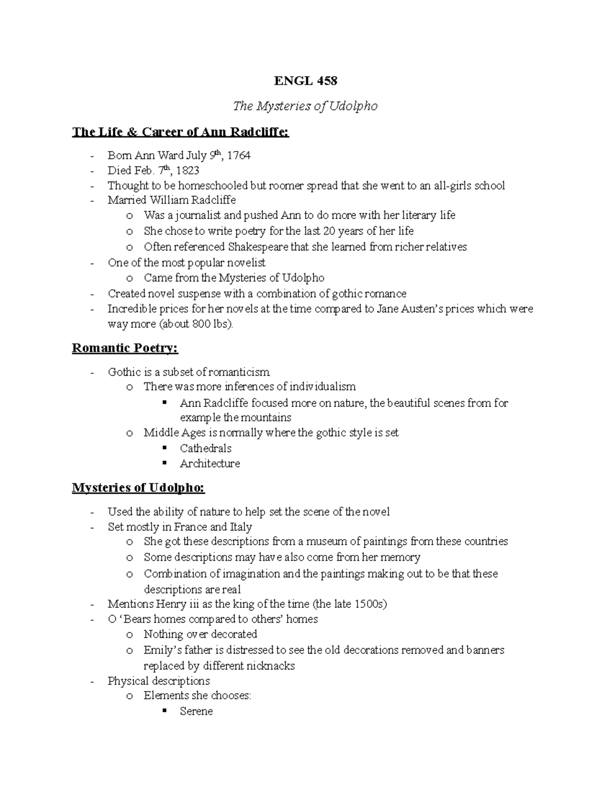 Ann Radcliffe - ENGL 458 The Mysteries of Udolpho The Life & Career of ...