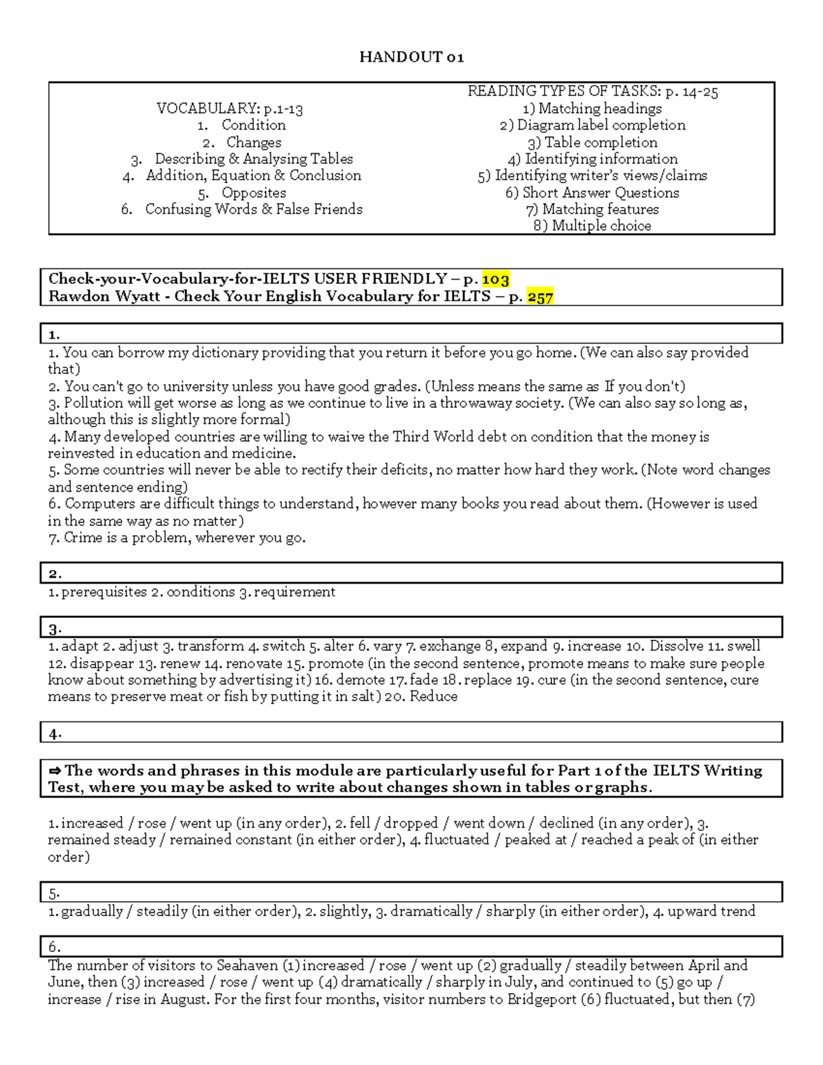 Handout 01 Key - HANDOUT 01 VOCABULARY: p- 13 1. Condition 2. Changes 3 ...