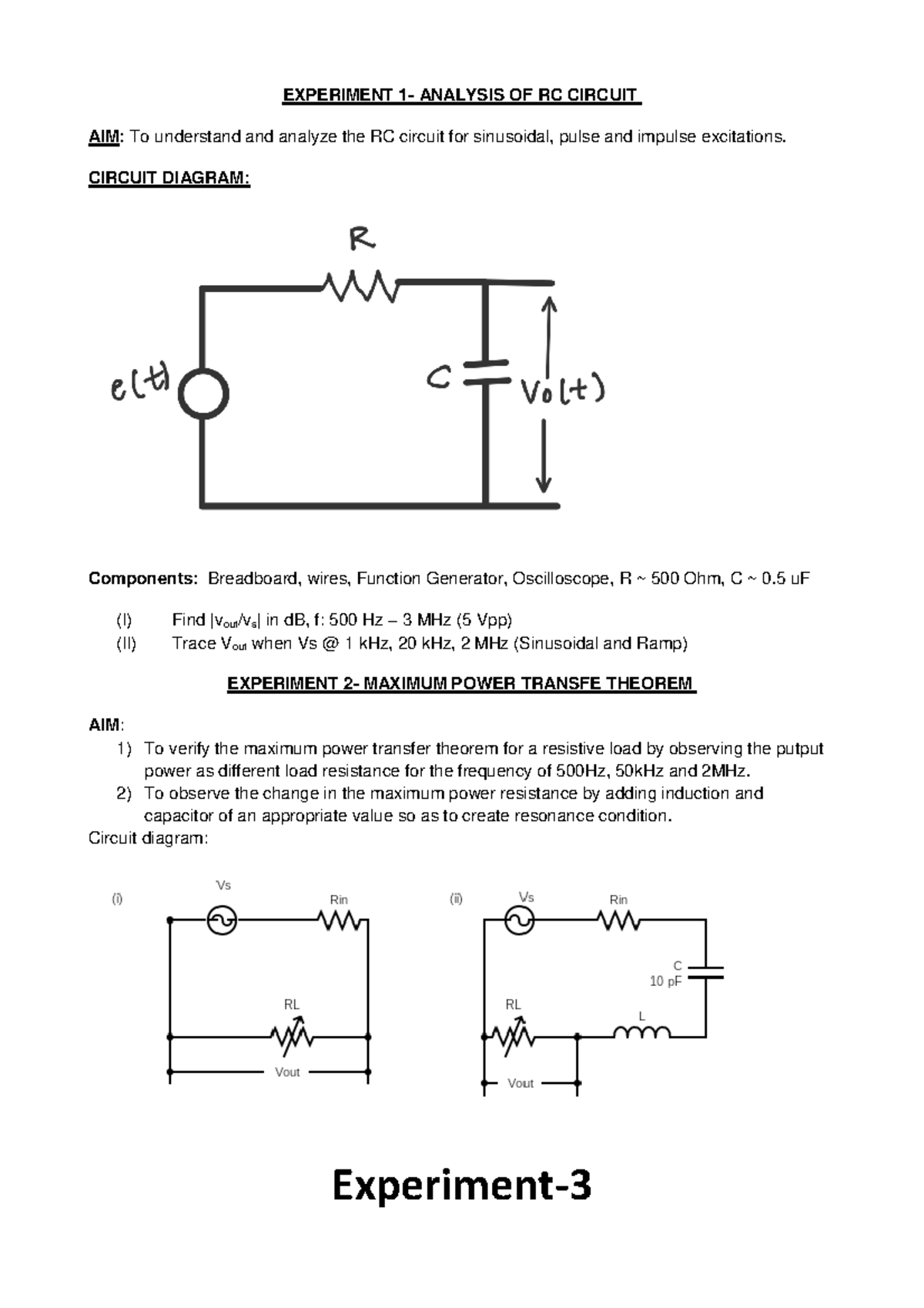 Experiments - Not available - EXPERIMENT 1- ANALYSIS OF RC CIRCUIT AIM: To understand and ...