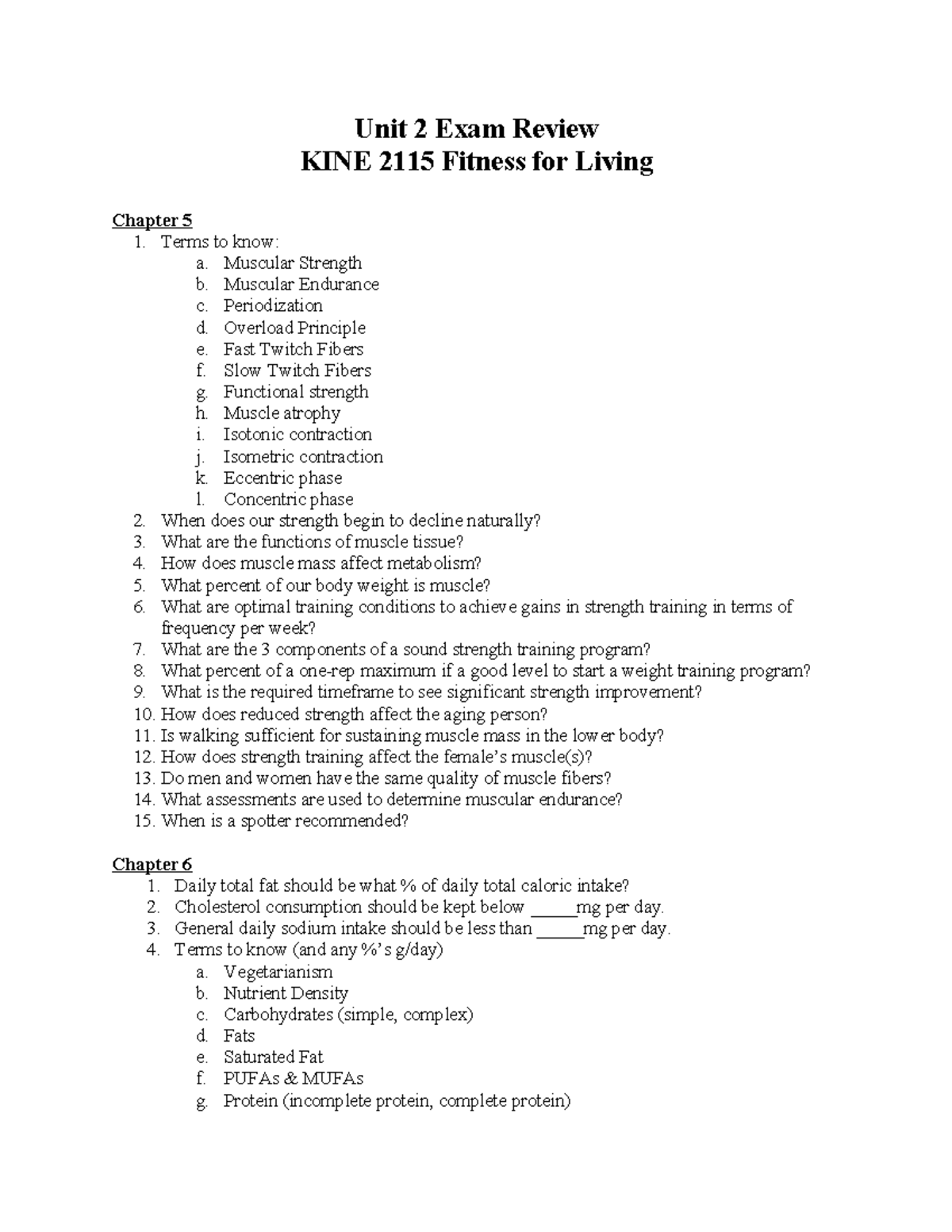 Unit 2 Exam Review Fall 2018 - Unit 2 Exam Review KINE 2115 Fitness for ...